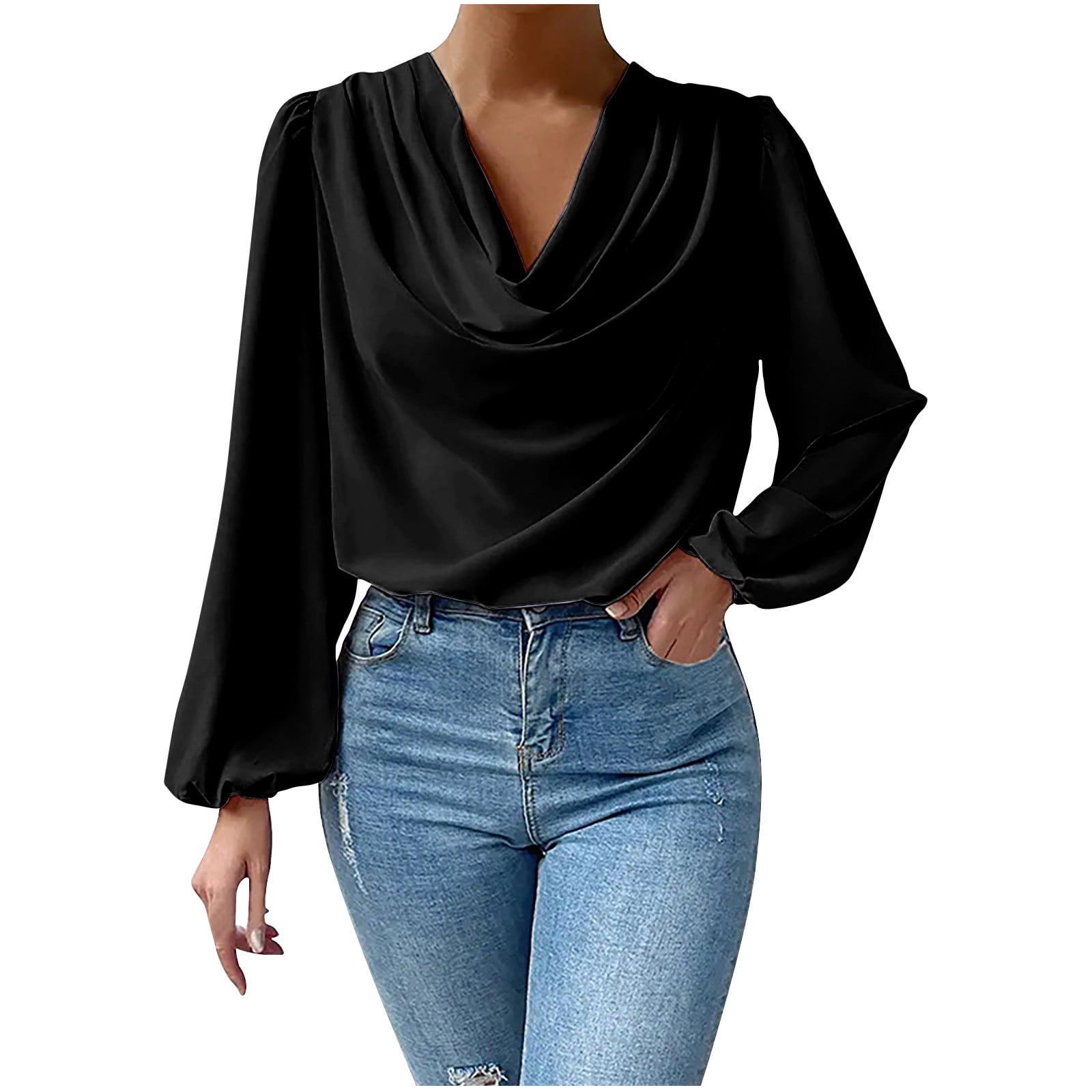 XFLWAM Cowl Neck Ruched Tops for Women Elegant Satin Silky Draped Shirts Long Sleeve Solid Color ...