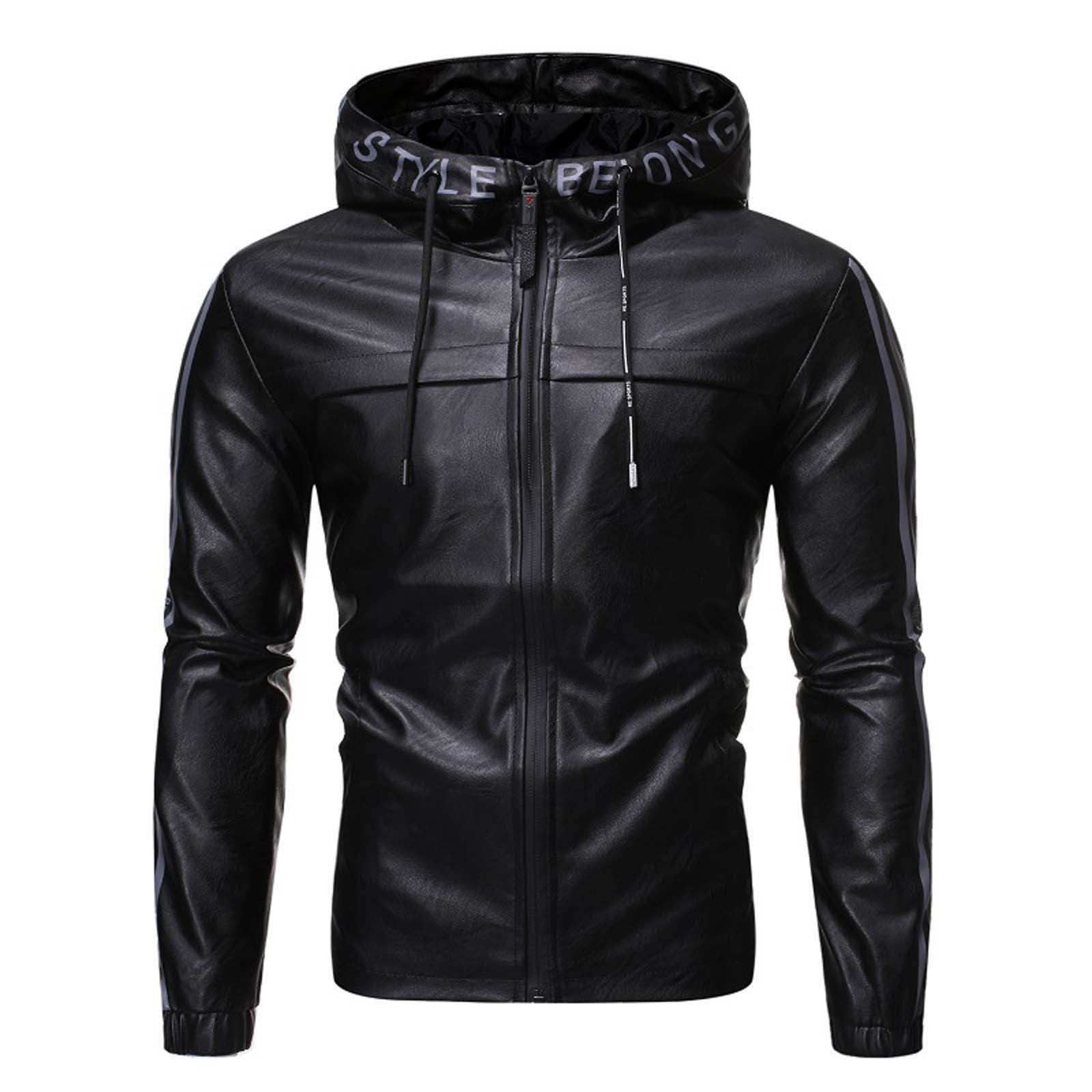 XFLWAM Mens Drawstring Hooded Bomber Leather Jacket Lambskin Leather ...
