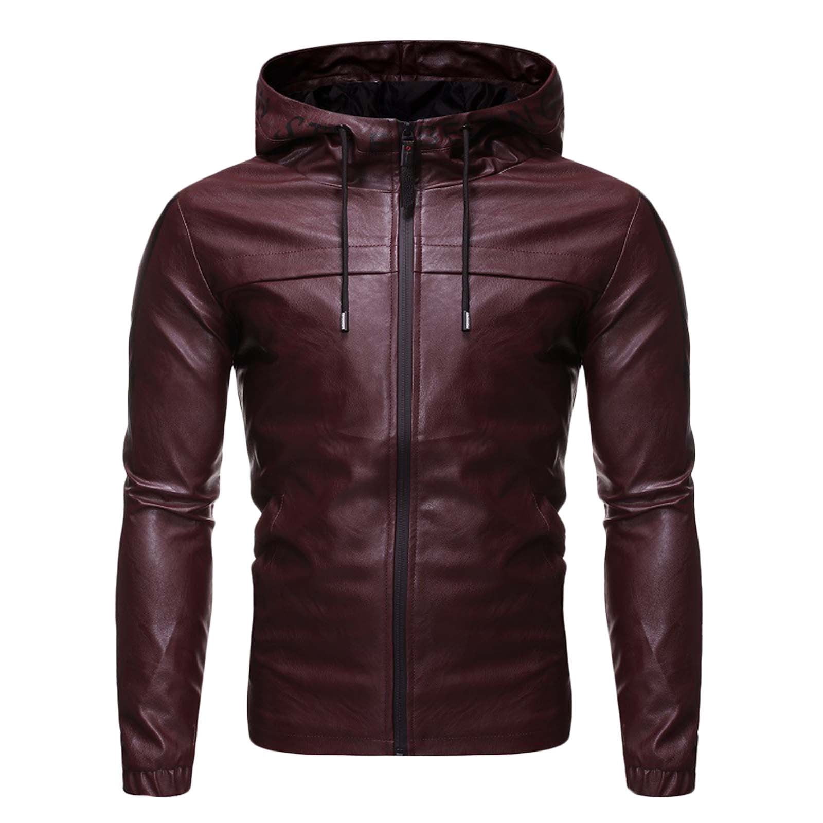 XFLWAM Mens Drawstring Hooded Bomber Leather Jacket Lambskin Leather ...
