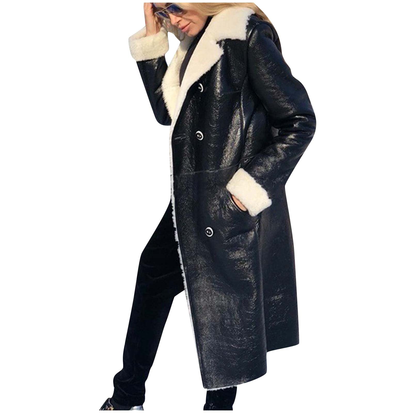 XFLWAM Plus Size Womens Lapel Long Sherpa Fleece Lined Jacket Faux ...