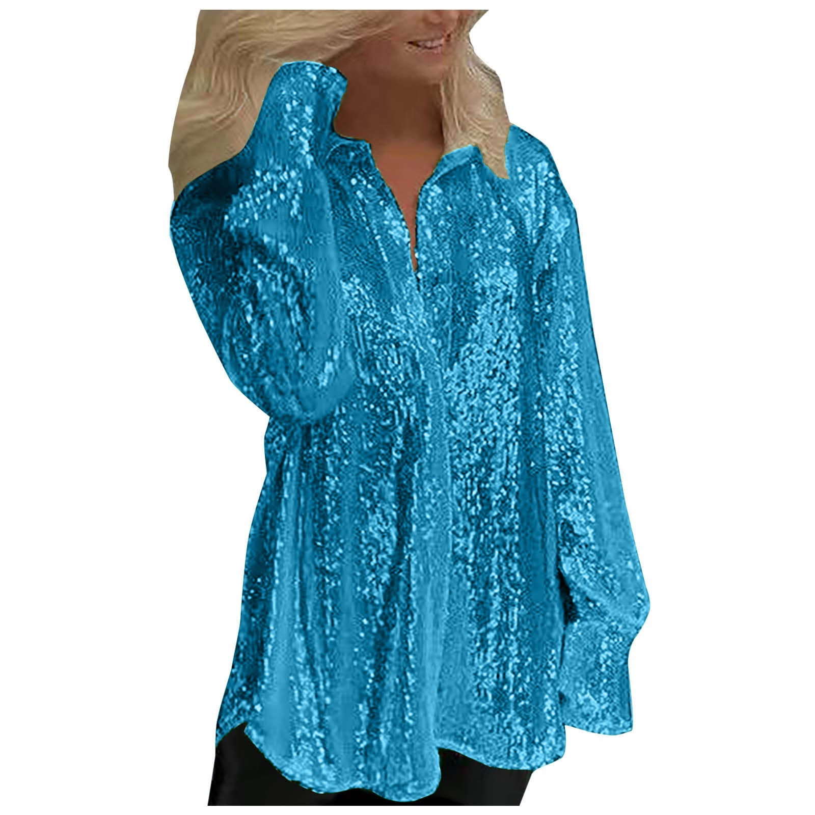 XFLWAM Sequin Button Down Shirt for Women Long Sleeve Sparkle Glitter Top Y2k Oversized Shimmer ...