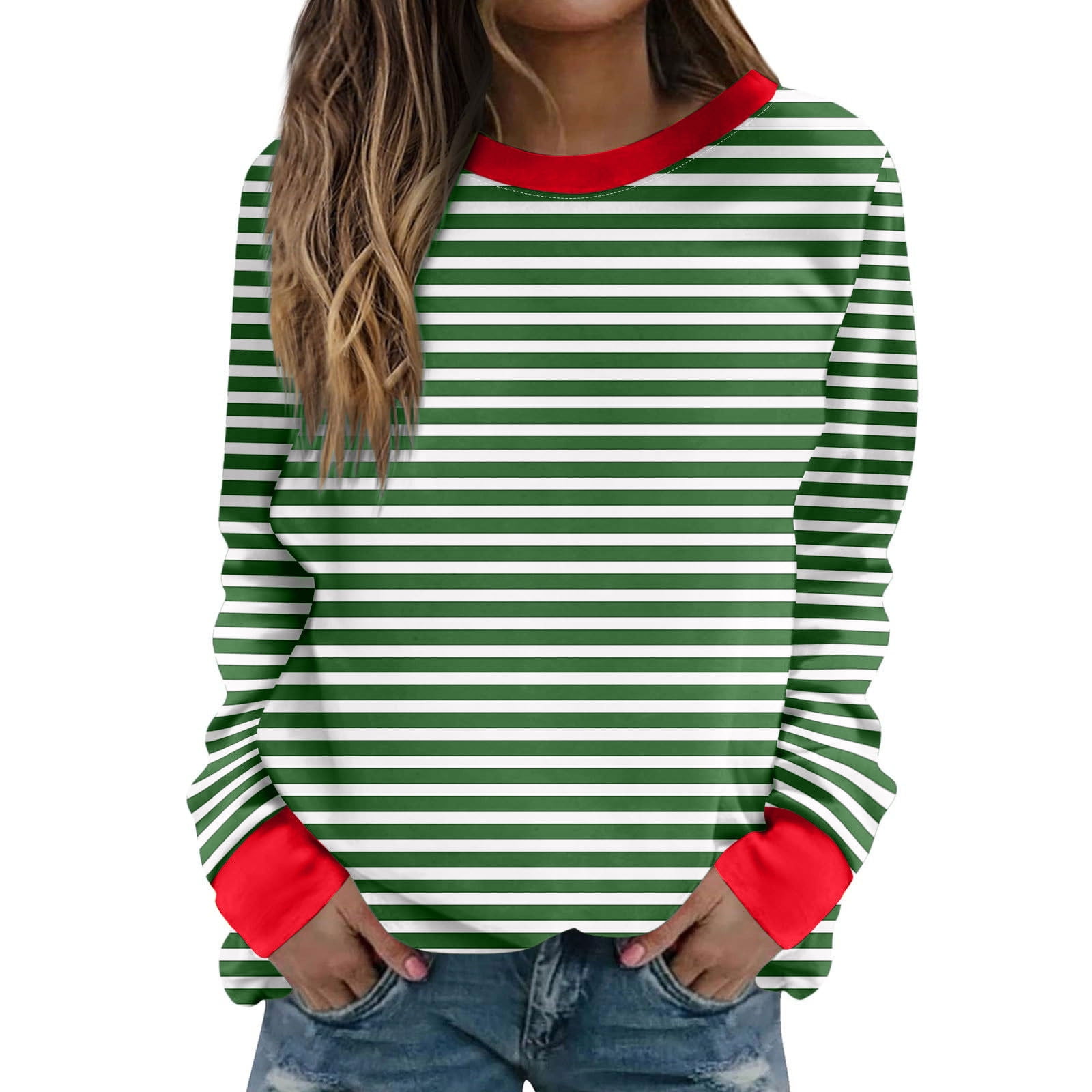 XFLWAM Sweatshirts for Women Fall Crewneck Striped Long Sleeve Shirts ...