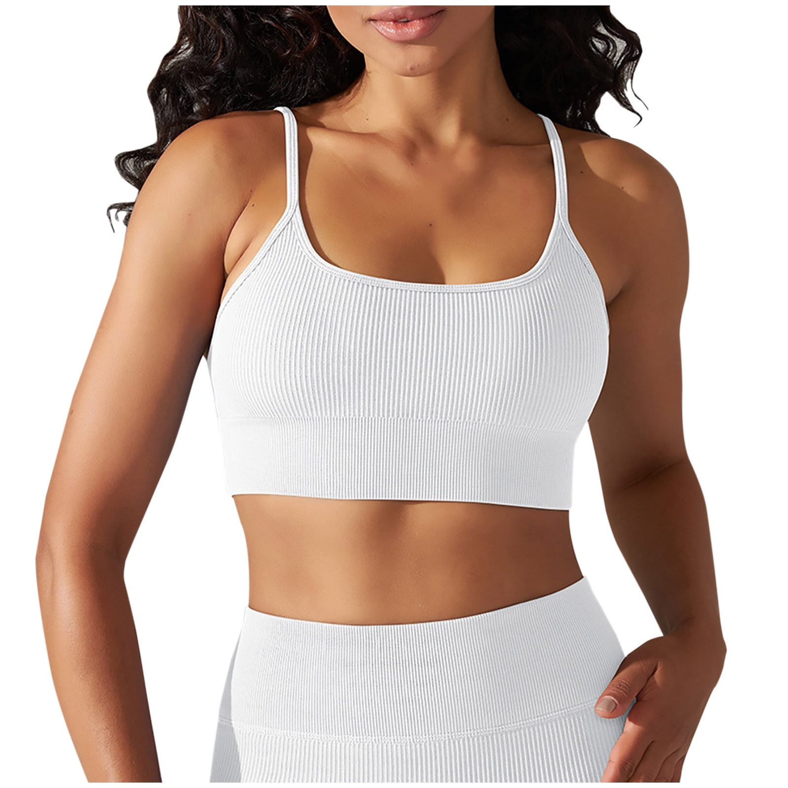 Xflwam V Neck Strappy Sports Bras For Women Thin Spaghetti Strap Padded