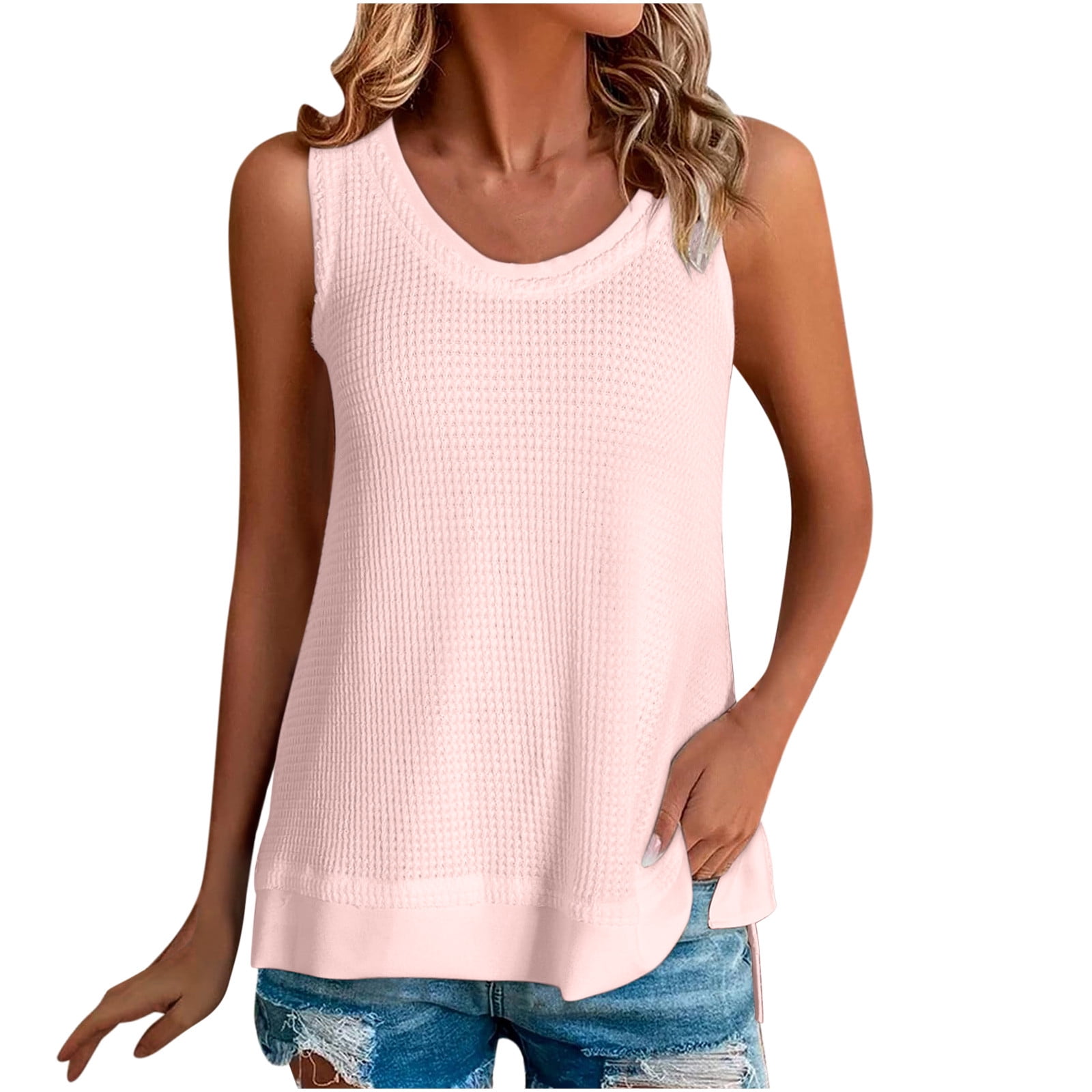 XFLWAM Waffle Knit Tank Top for Women Scoop Neck Sleeveless Tops Summer ...