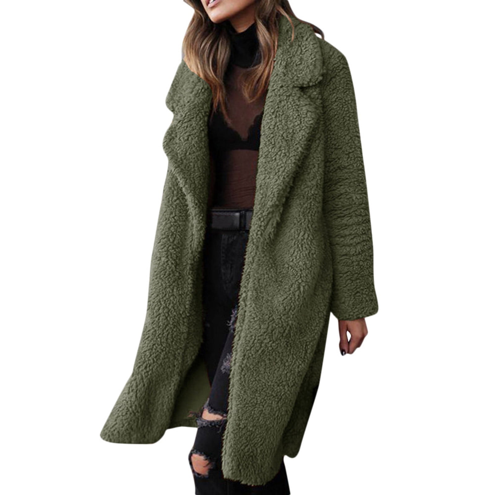 XFLWAM Winter Coat For Women Faux Fur Fuzzy Fleece Lapel Long Cardigan ...