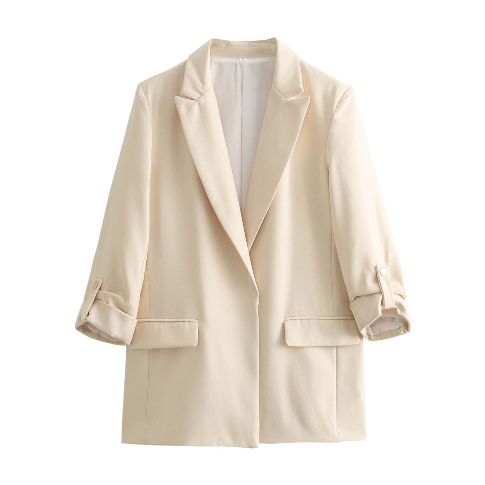 XFLWAM Women Blazer Office Suit Jacket Roll-Up Sleeves Open Stitch ...