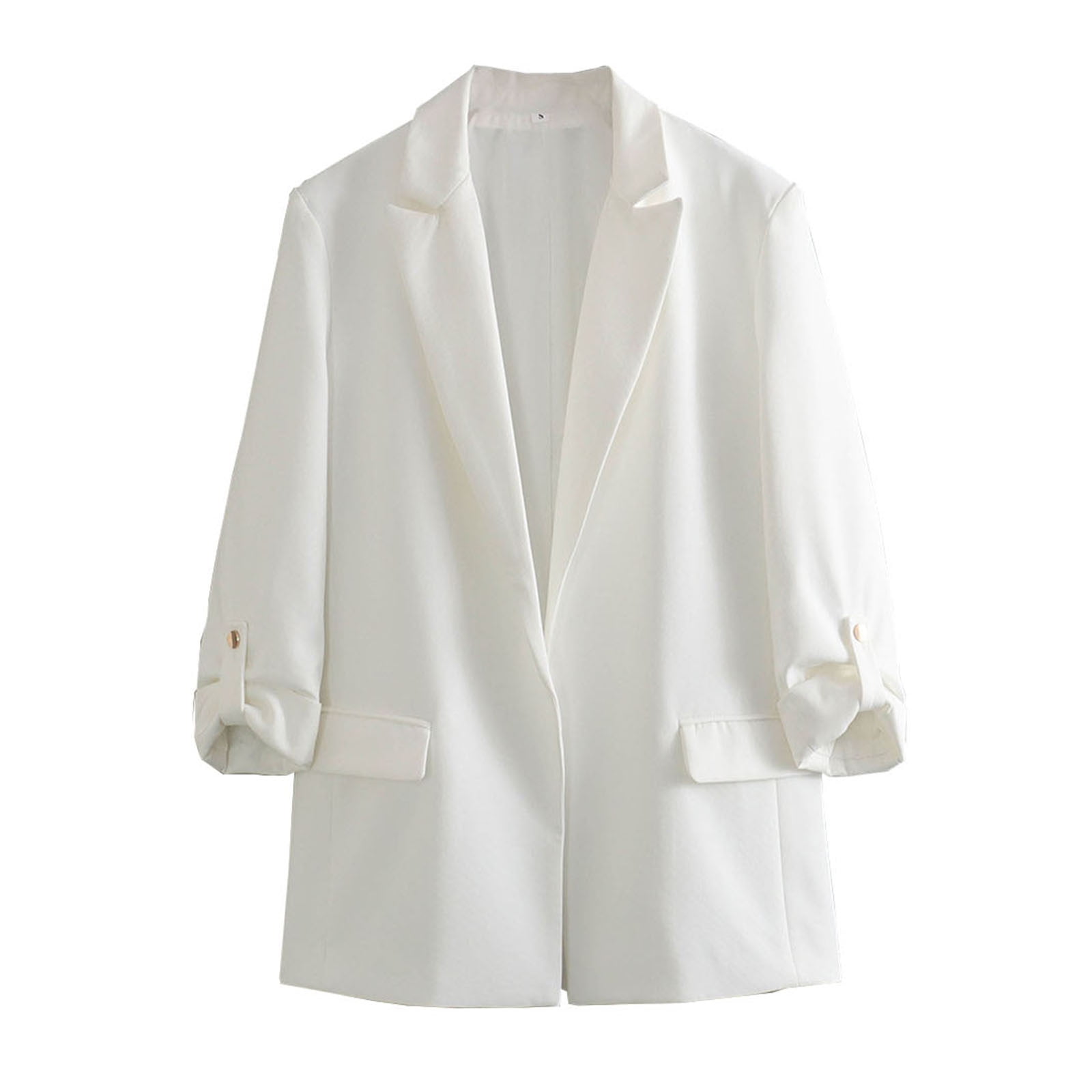 XFLWAM Women Blazer Office Suit Jacket Roll-Up Sleeves Open Stitch ...