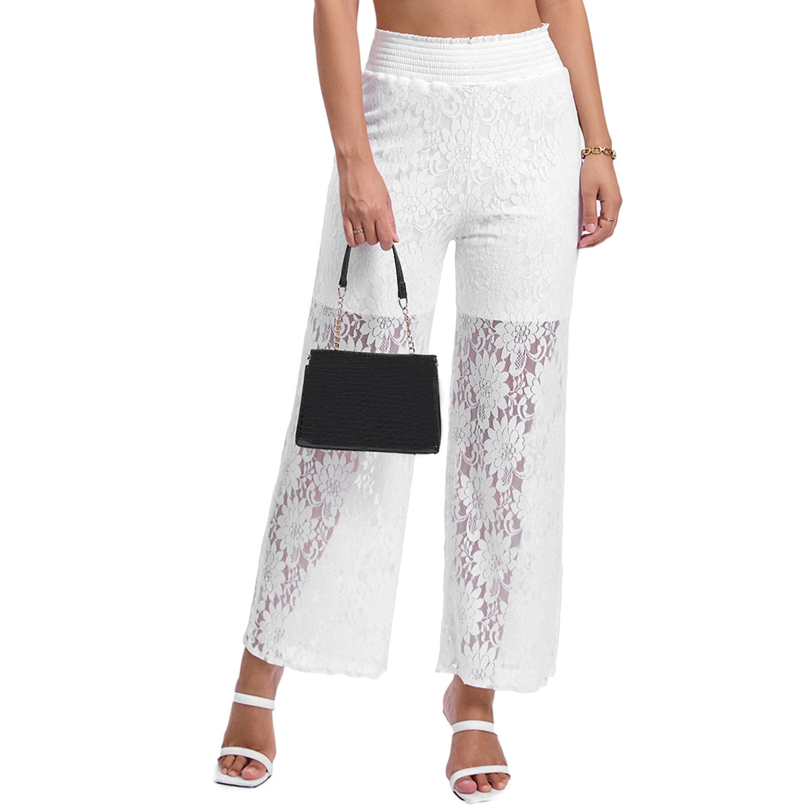 XFLWAM Women Floral Lace Sheer Mesh Pants Elastic High Waist See ...