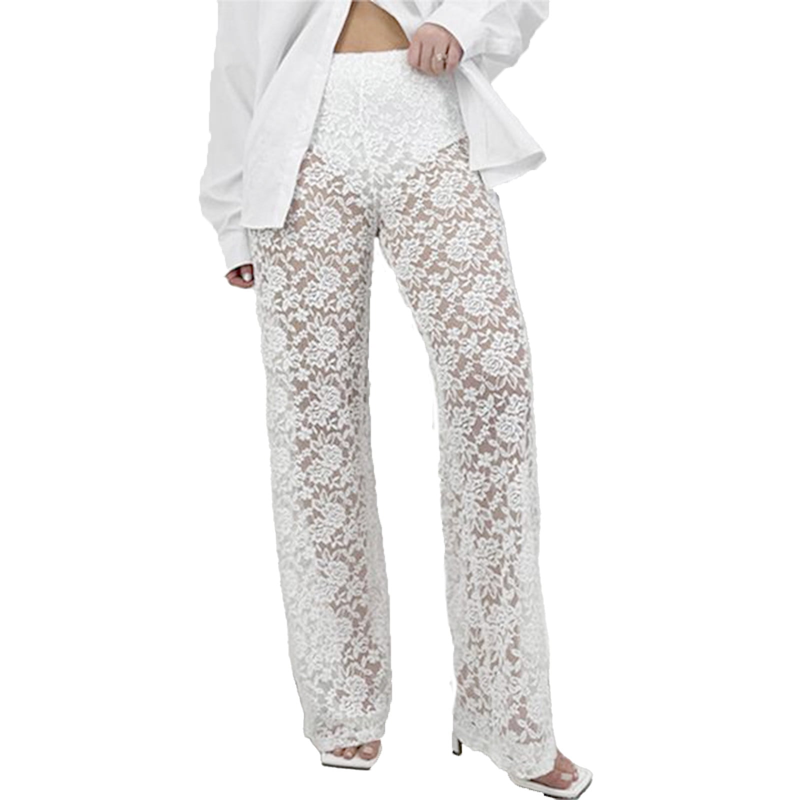 XFLWAM Women Floral Lace Sheer Mesh Pants Elastic High Waist See ...