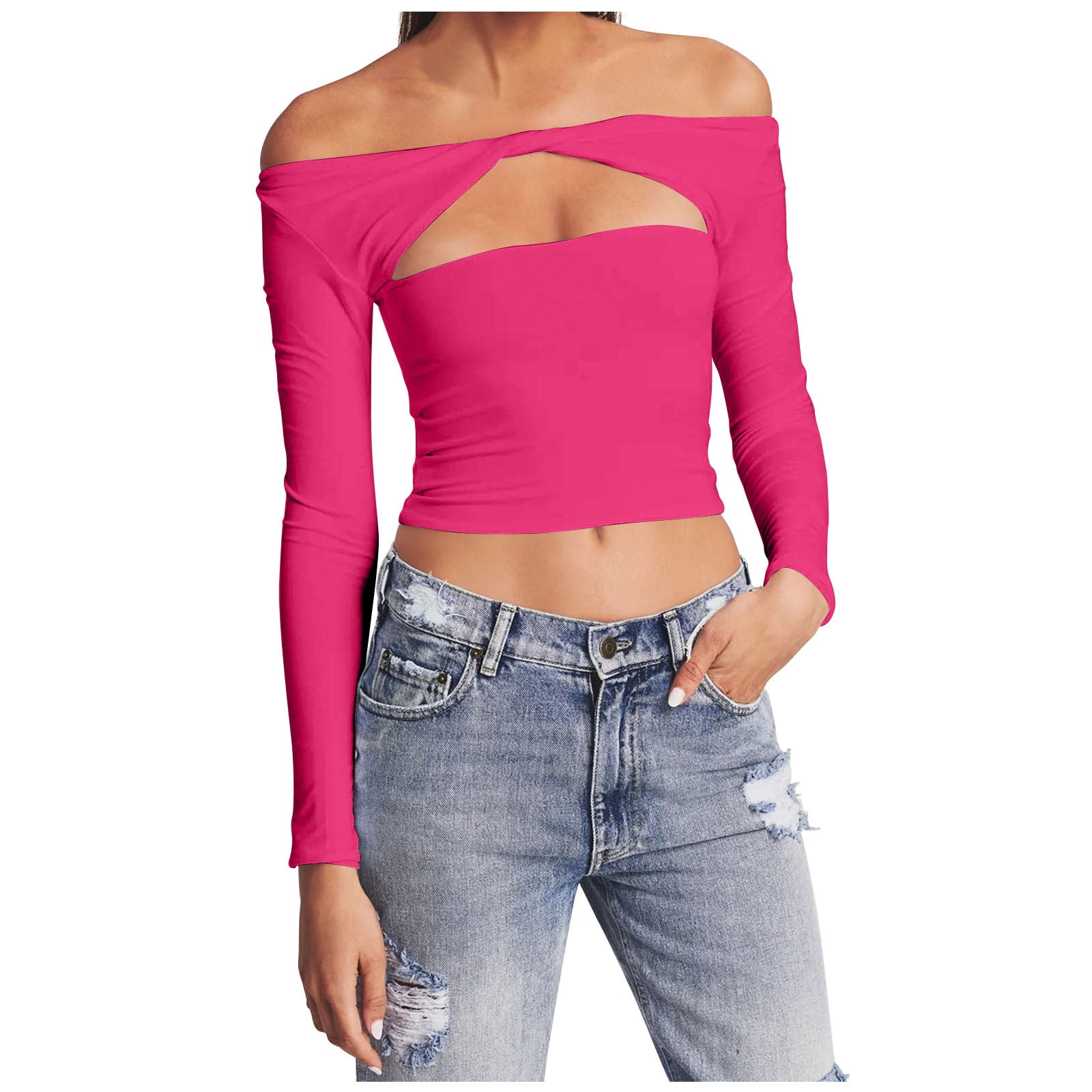 Xflwam Women Off The Shoulder Top Sexy Cutout Front V Neck Y2k Long