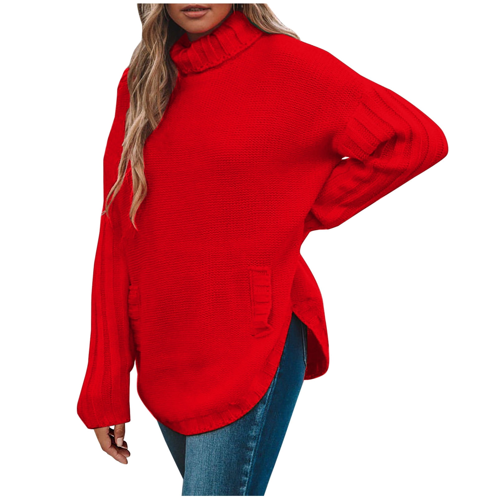XFLWAM Women Turtleneck Sweaters Batwing Sleeve Casual Loose Chunky ...