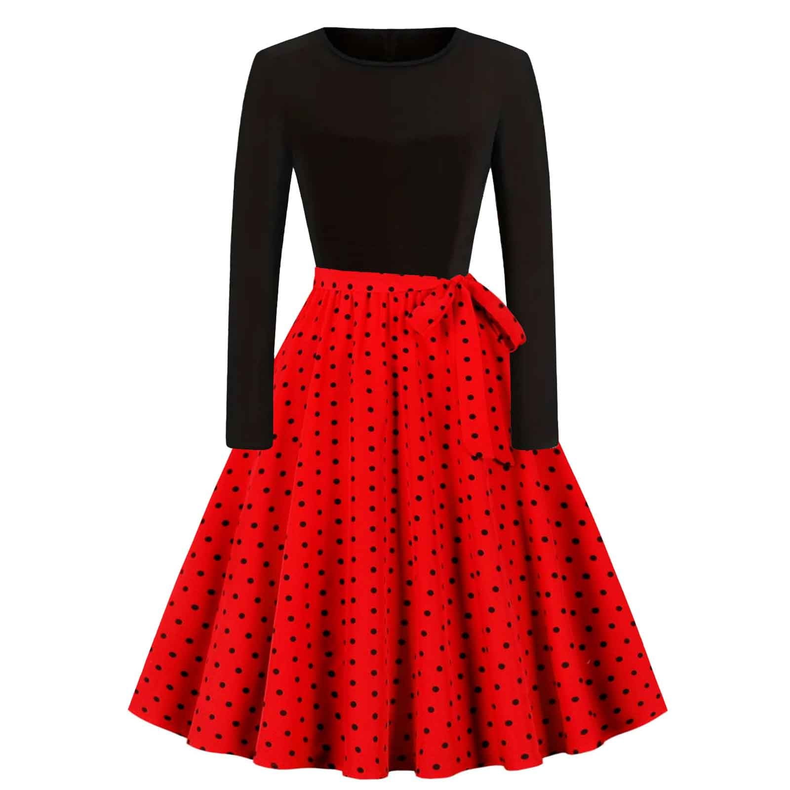 XFLWAM Women's 1950s Vintage Audrey Hepburn Dress Polka Dots Long Sleeve Knee-Length Dress Retro ...