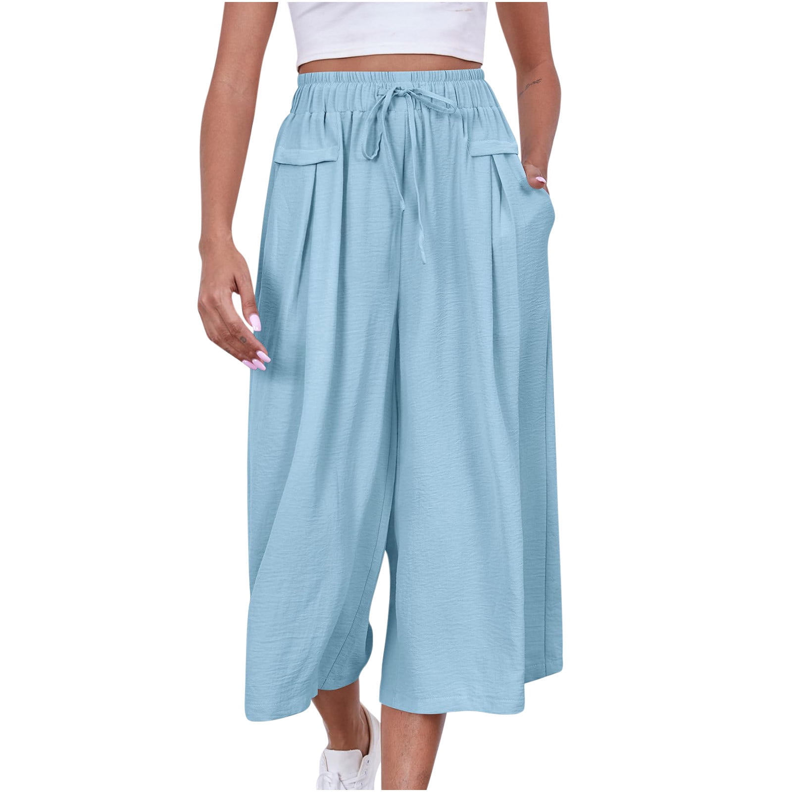 Xflwam Womens Capri Linen Wide Leg Pants Summer Boho Wide Leg Pants