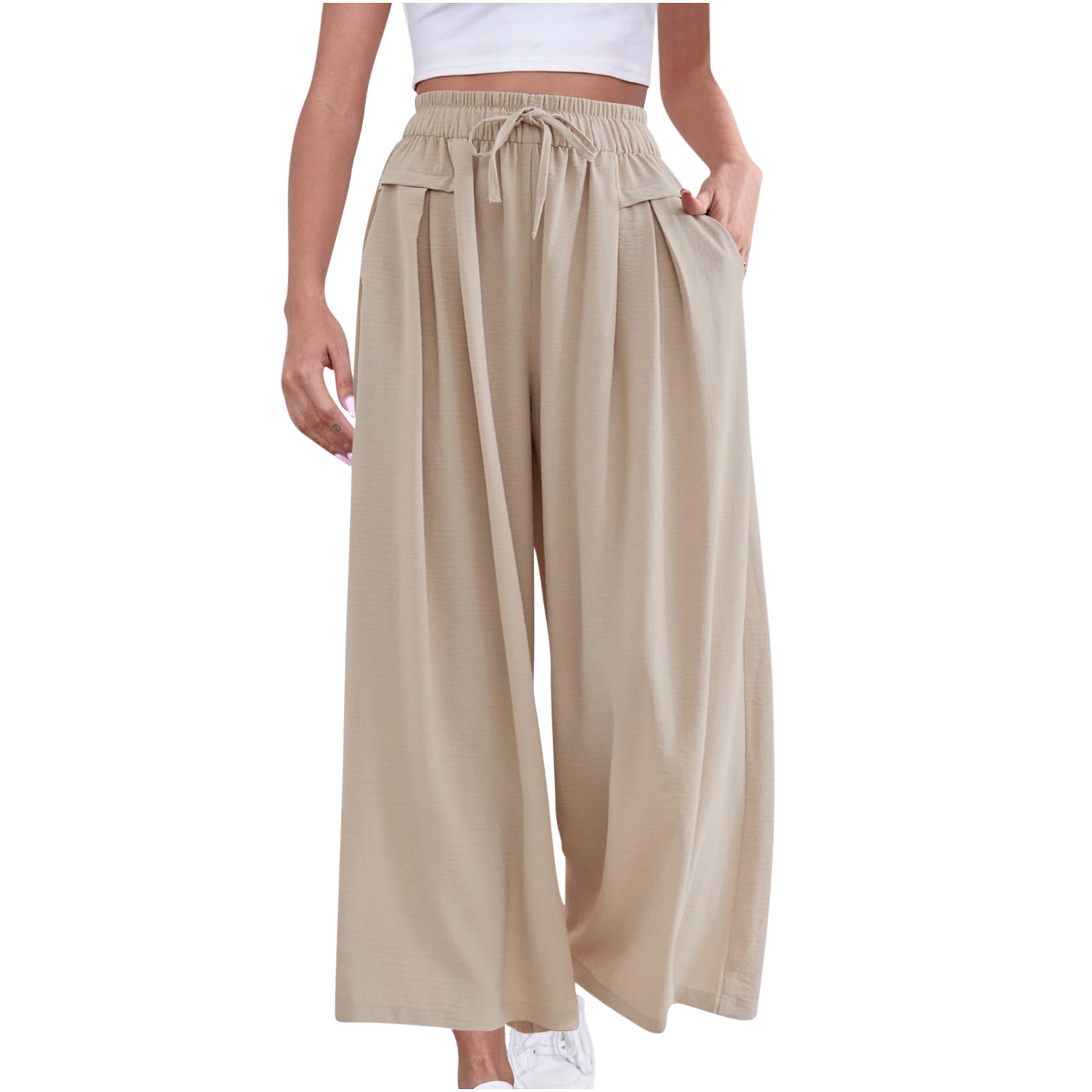 Xflwam Womens Capri Linen Wide Leg Pants Summer Boho Wide Leg Pants