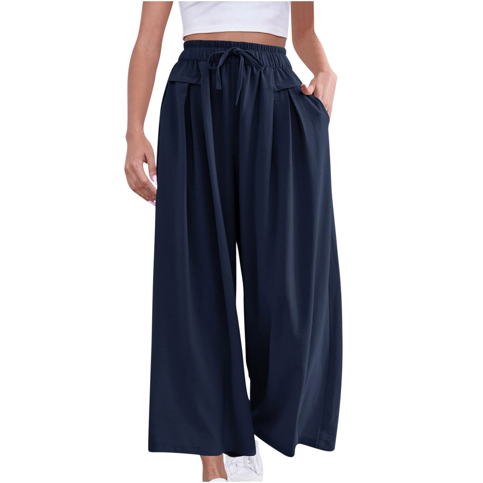 Xflwam Womens Capri Linen Wide Leg Pants Summer Boho Wide Leg Pants