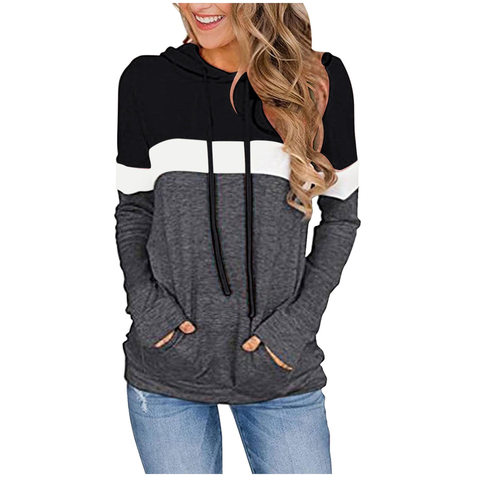 Xflwam Womens Casual Color Block Hoodies Tops Long Sleeve Drawstring