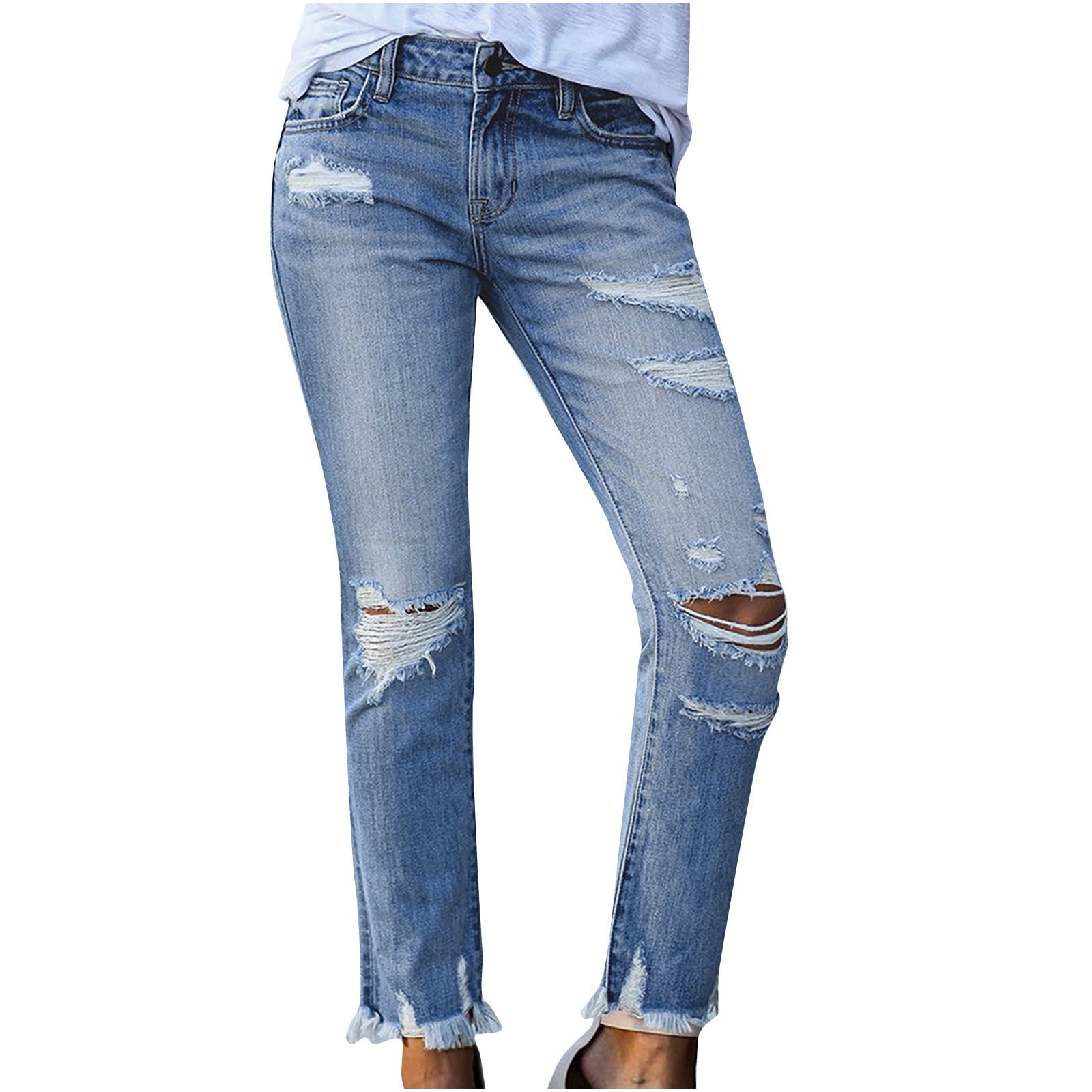 XFLWAM Women's Destroyed Raw Hem Jeans Stretchy Ripped Distressed ...