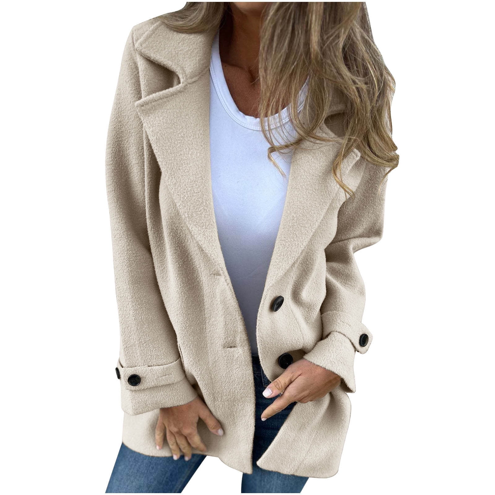 XFLWAM Women's Double Breasted Coats Notched Lapel Collar Fall Winter ...