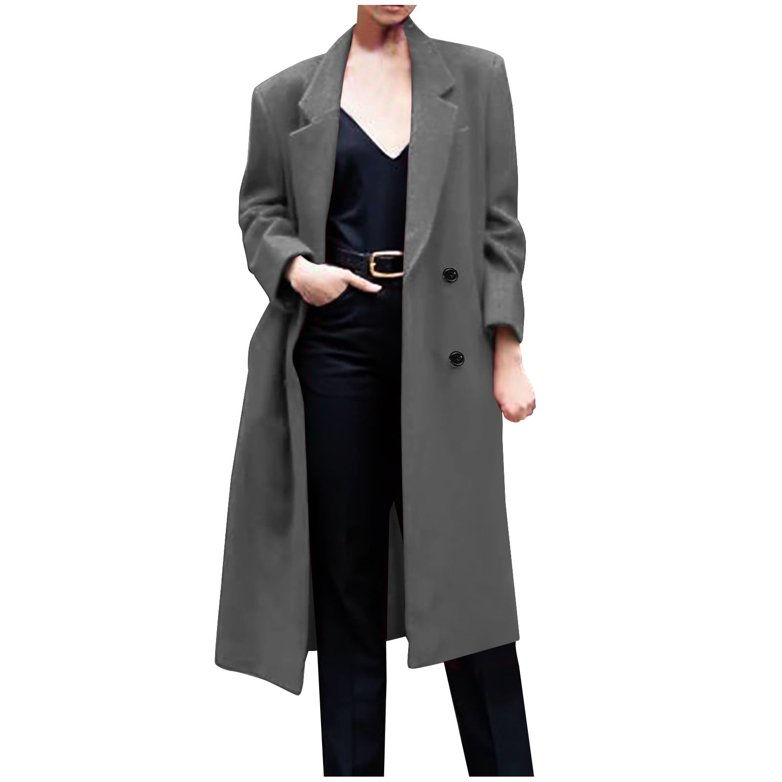 XFLWAM Women's Double Breasted Wool Blend Coat Notched Lapel Peacoat ...