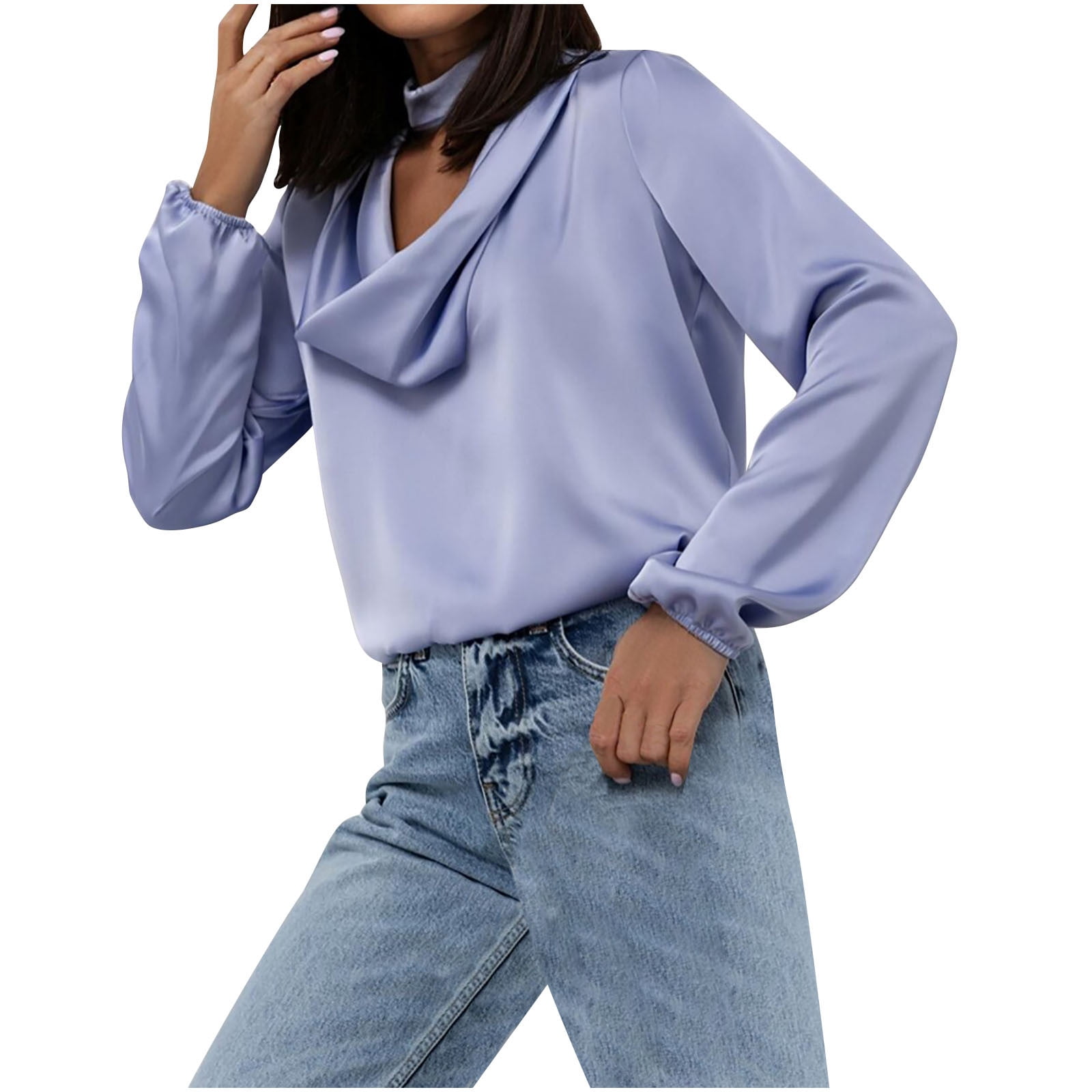 XFLWAM Women's Draped Cowl Neck Tops Satin Silk Ruched Long Sleeve ...