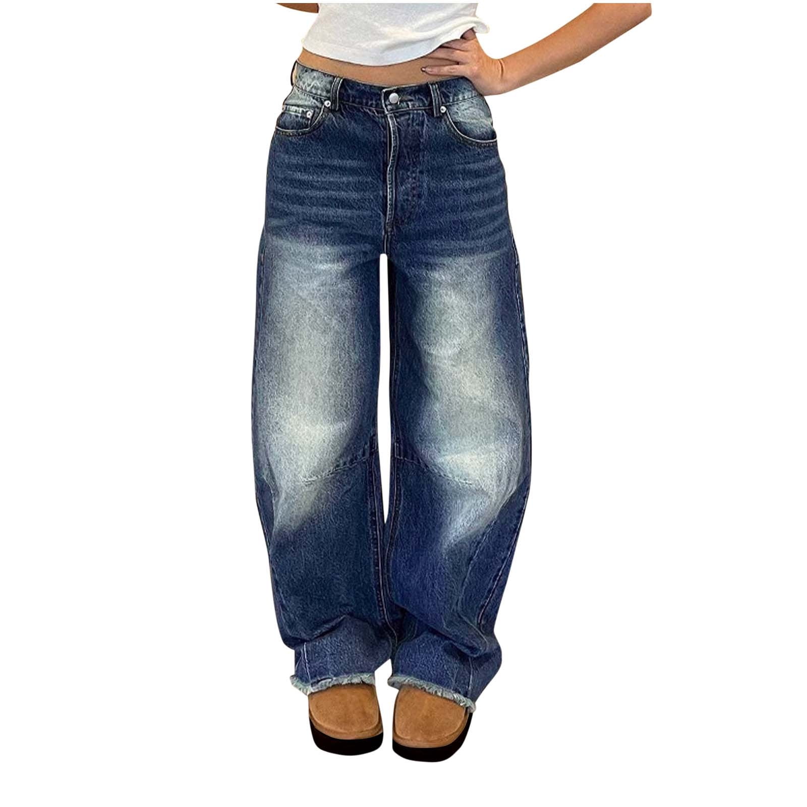 XFLWAM Women's Fashion Button Zipper Pocket Cowboy Pants Full Length ...