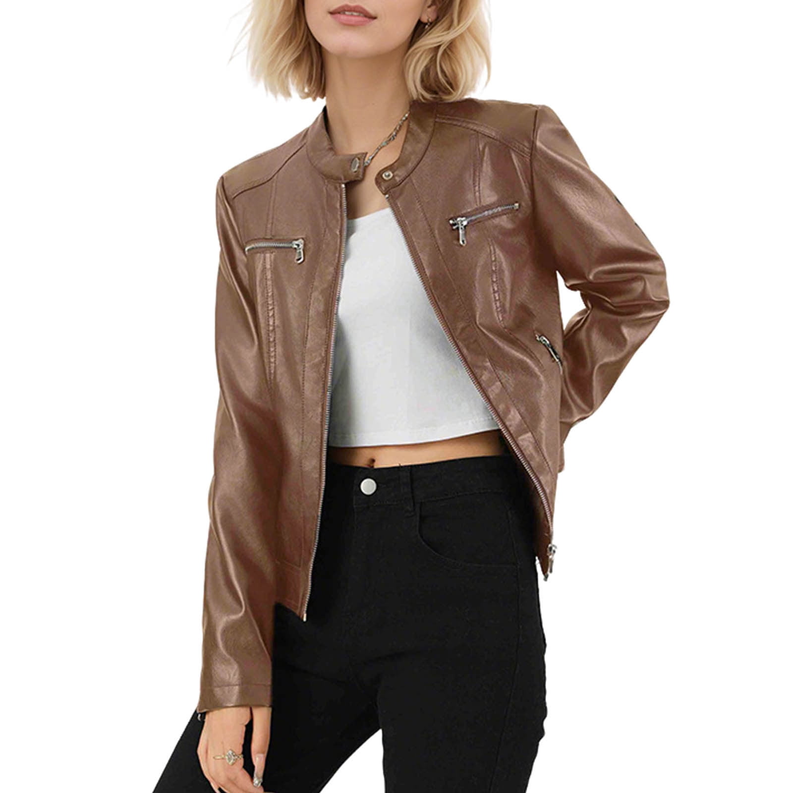 XFLWAM Women's Faux Leather Jackets Zip Up Motorcycle Outwear Slim ...