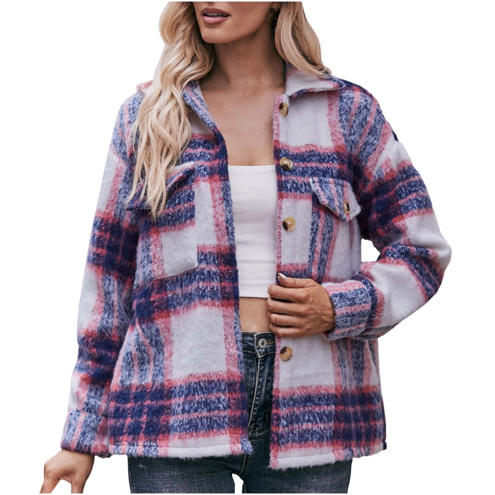 XFLWAM Women's Flannel Wool Blend Plaid Shacket Long Sleeve Button Down ...