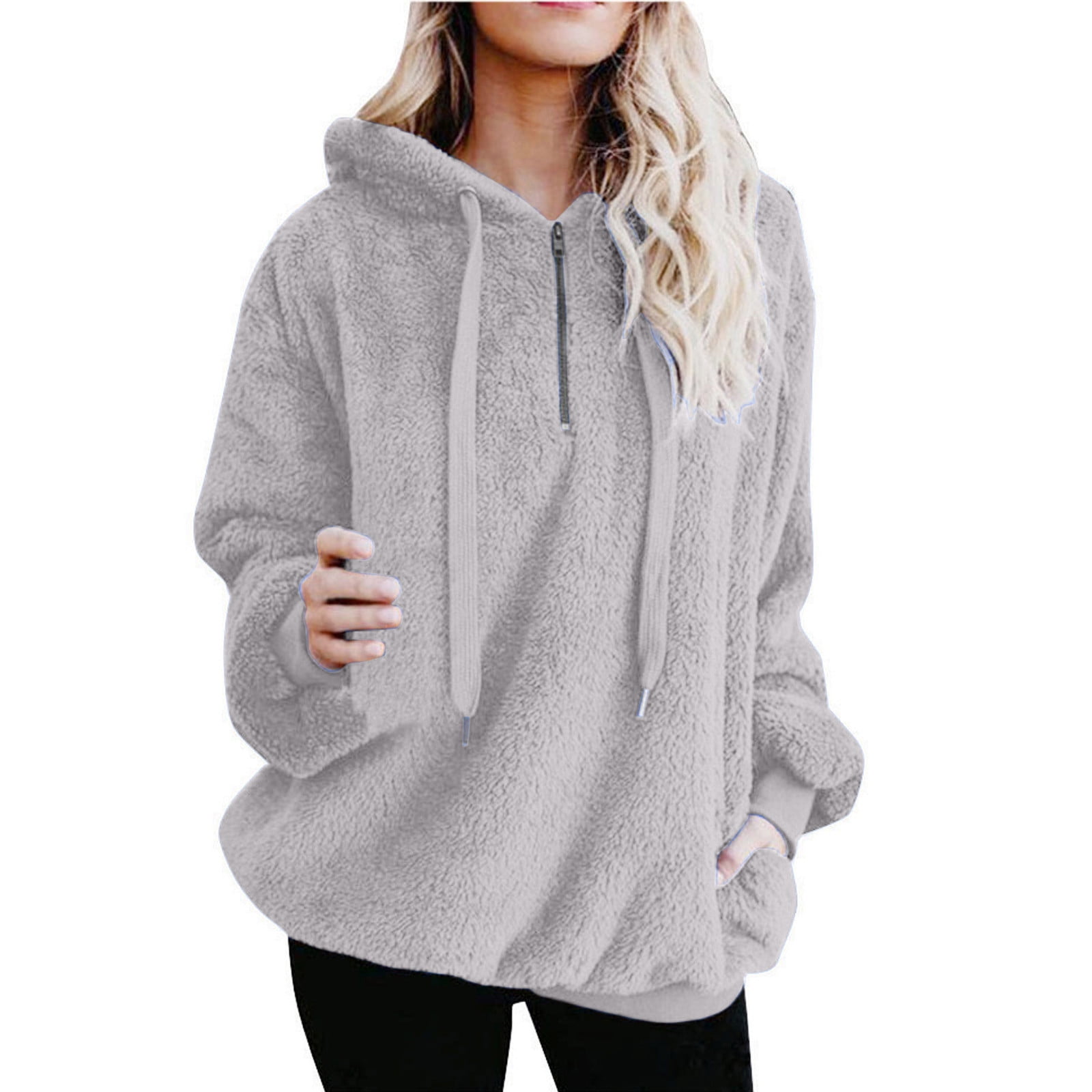XFLWAM Women's Fuzzy Fleece Hoodies Pullover Hoodie Athletic Cozy Oversized Pockets Hooded ...