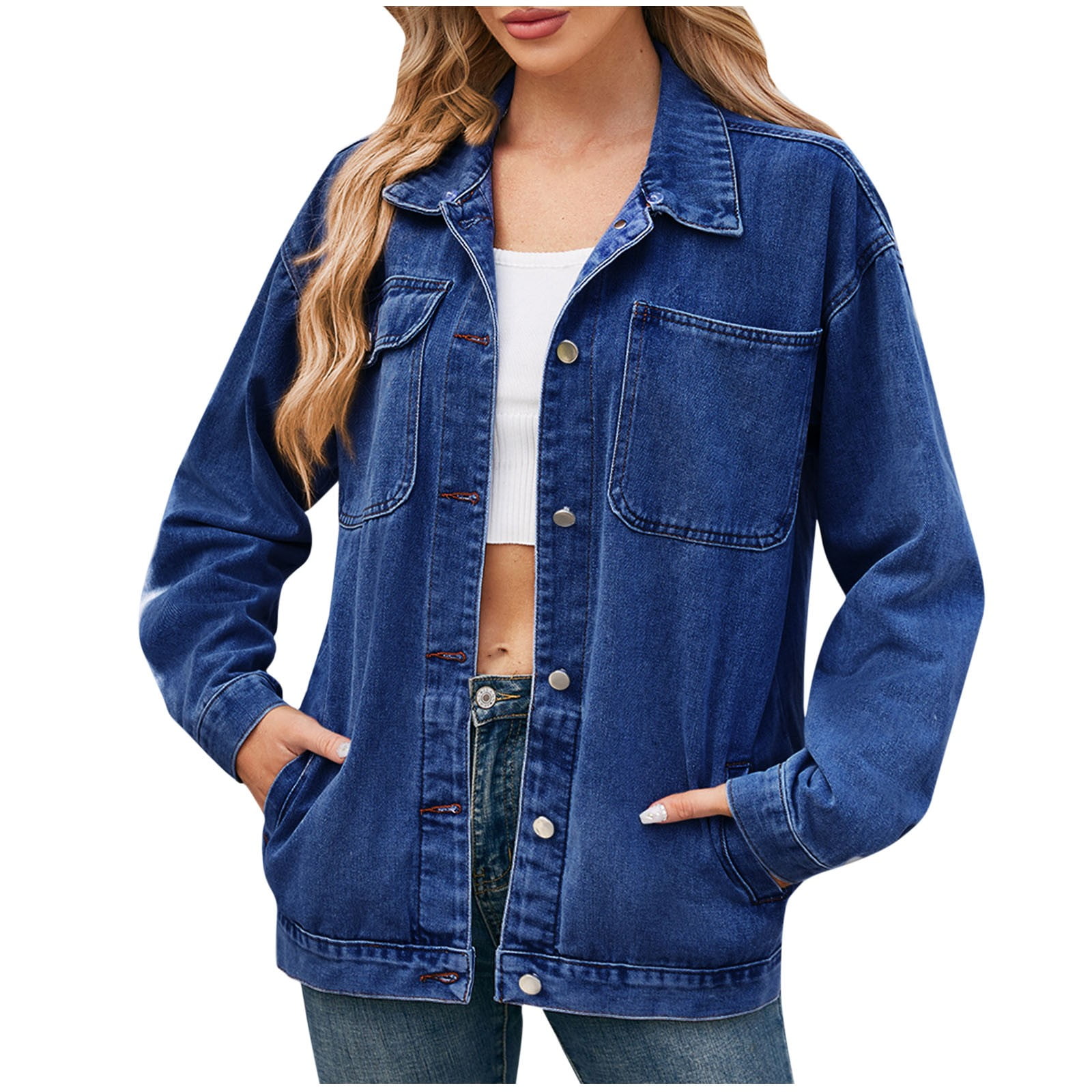 XFLWAM Women's Jean Jackets Long Sleeve Button Down Denim Shirts Jacket ...