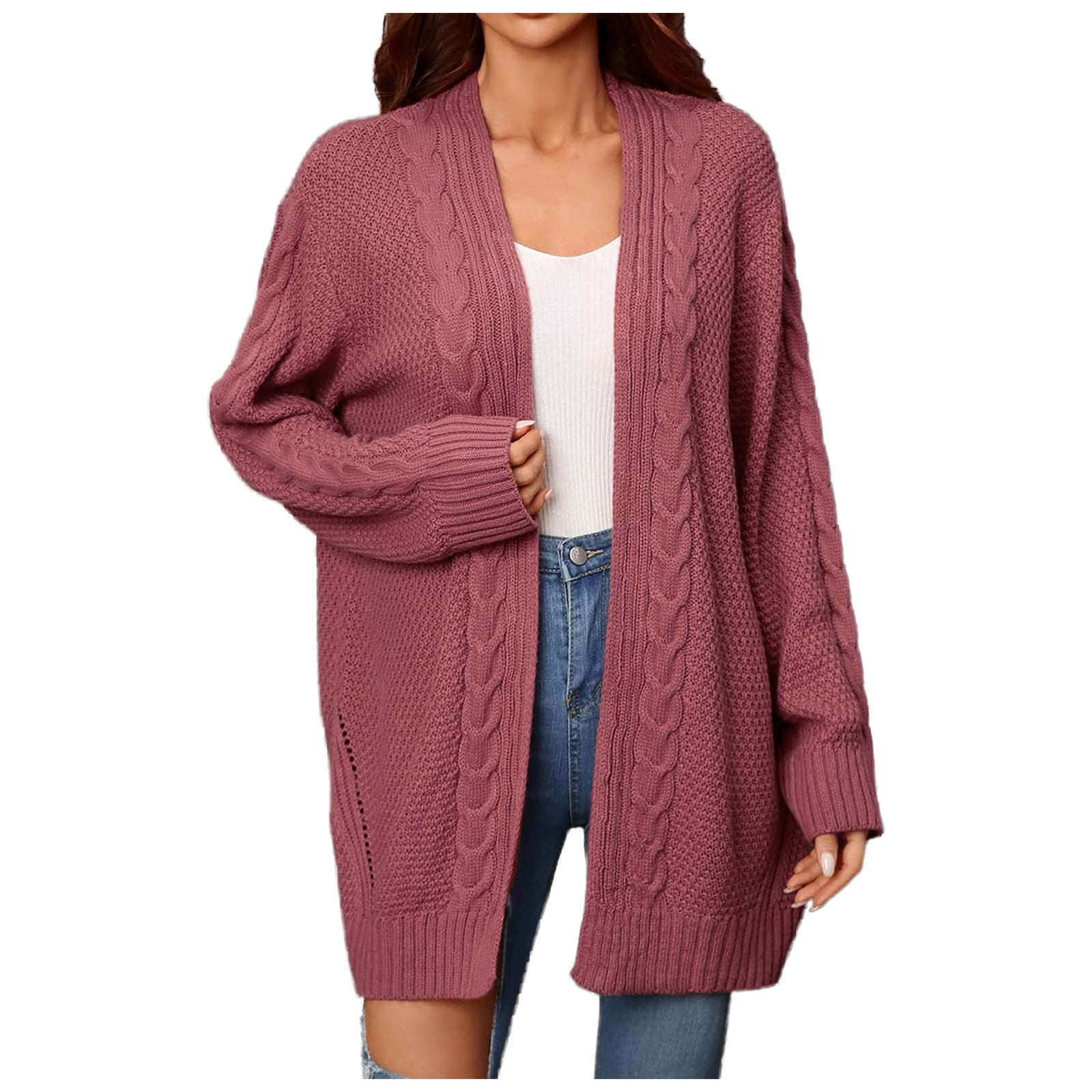 XFLWAM Women's Long Sleeve Cable Knit Sweater Open Front Cardigan Solid ...