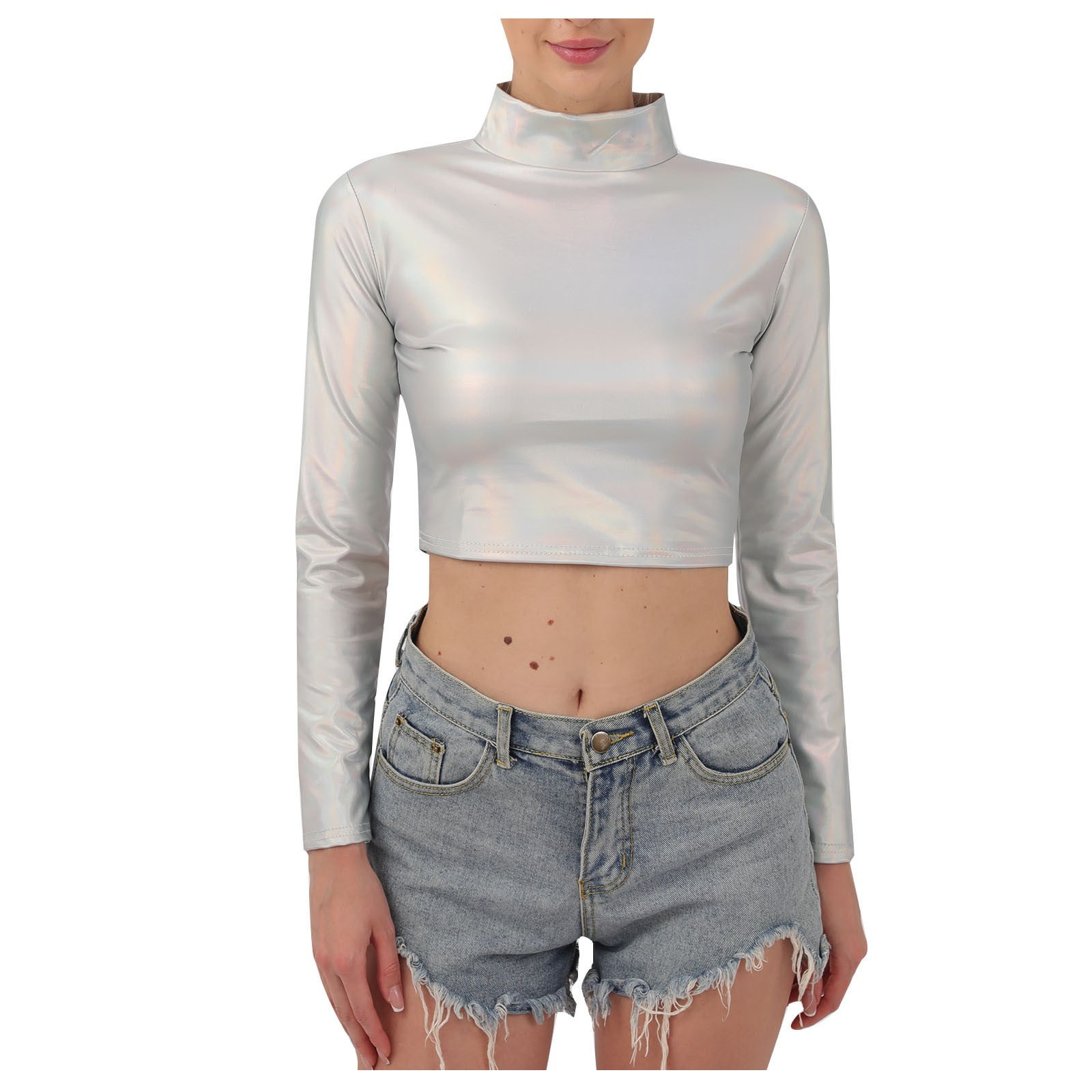 XFLWAM Women's Metallic Liquid Mock Neck Crop Tops Turtleneck Shiny ...