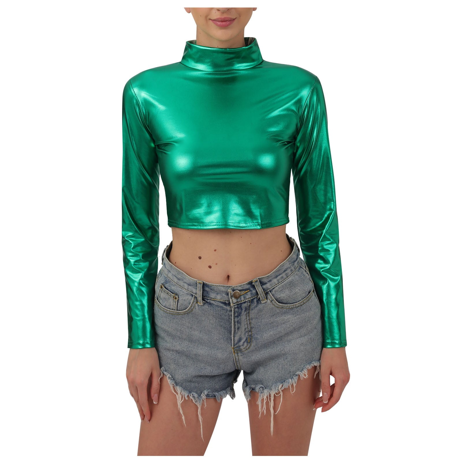 XFLWAM Women's Metallic Liquid Mock Neck Crop Tops Turtleneck Shiny ...