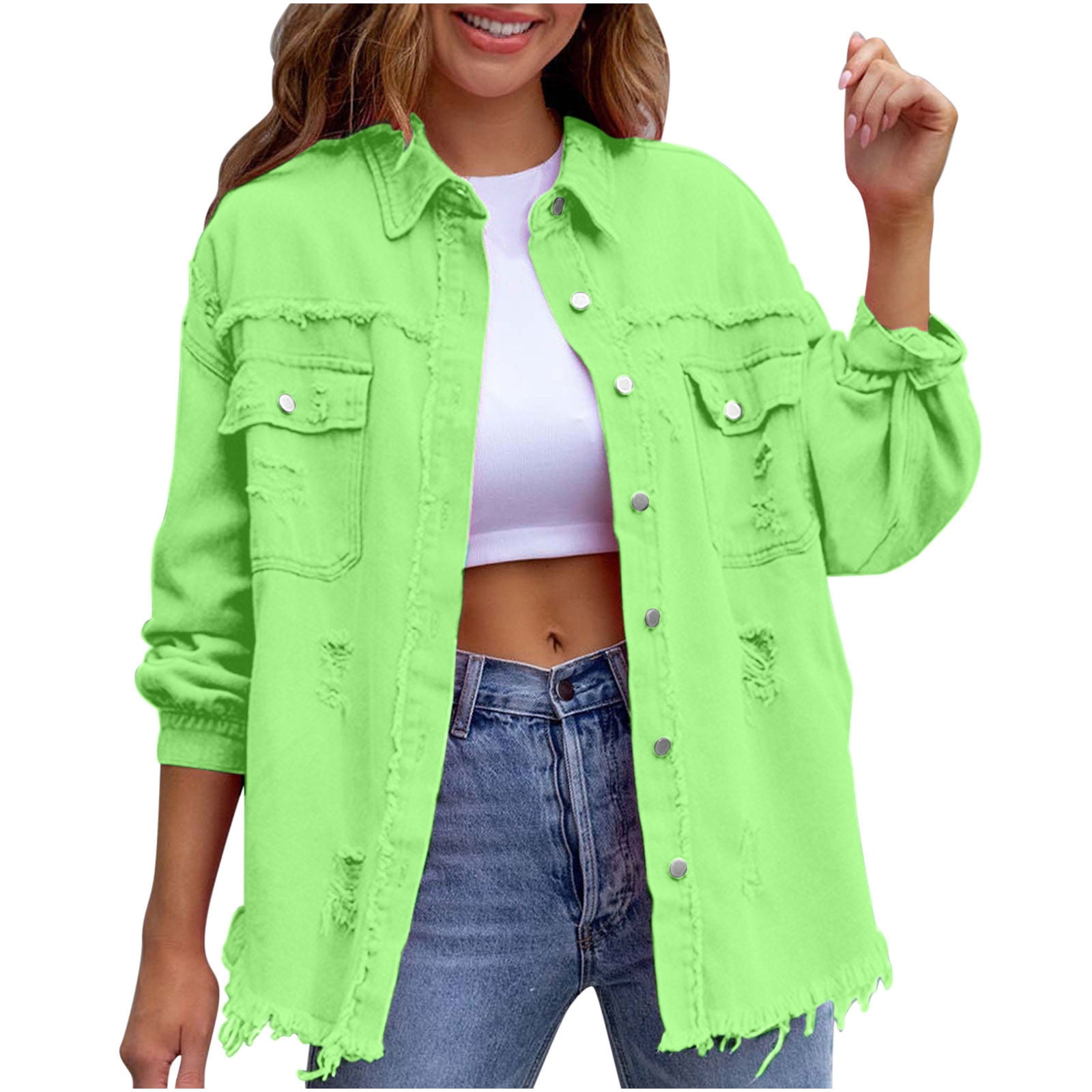 XFLWAM Women's Oversized Frayed Lightweight Denim Jacket Button Down ...