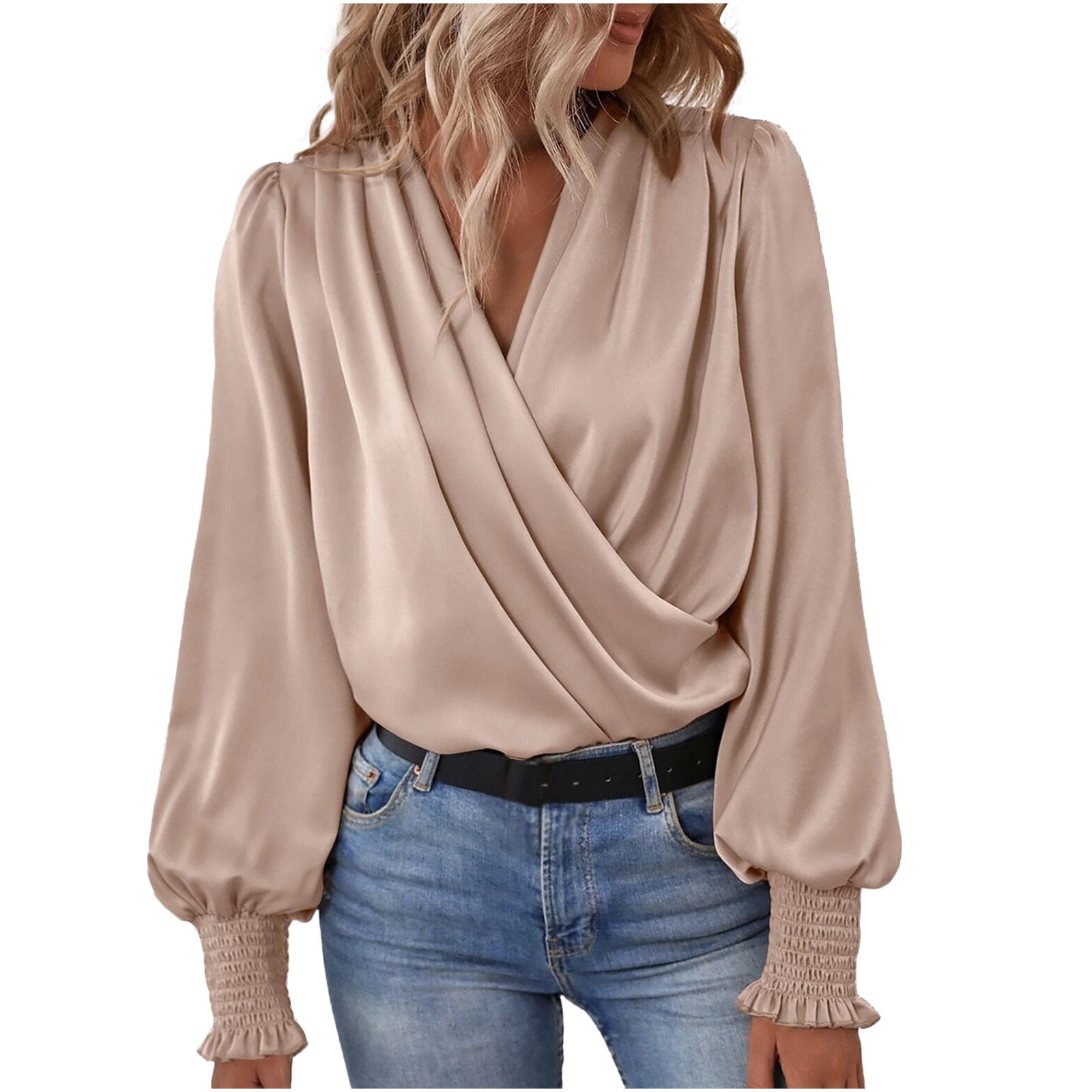 XFLWAM Women's Satin Silky Cowl Neck Tops Draped Wrap V Neck Ruched Front Long Sleeve Blouse ...