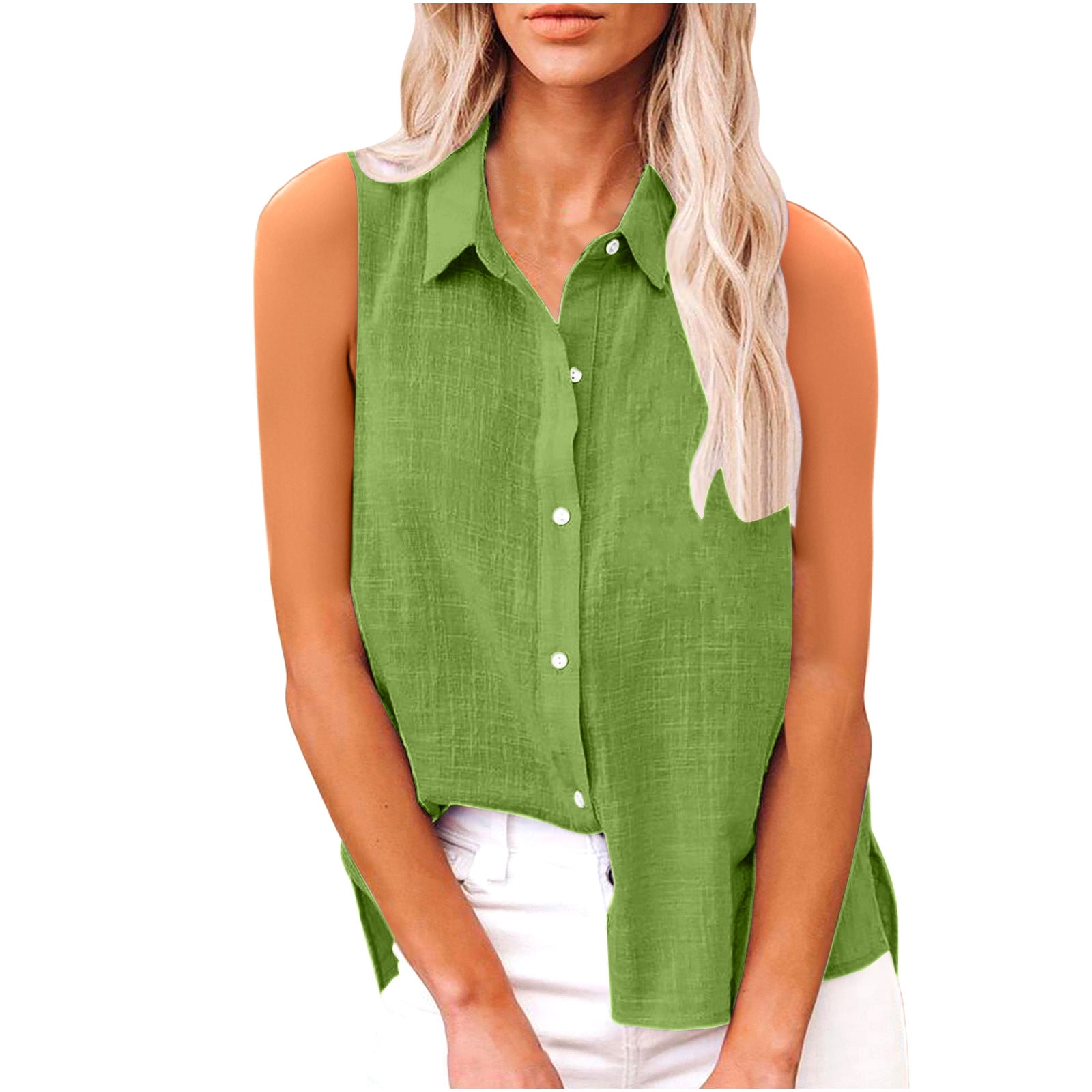 XFLWAM Women's Sleeveless Button Down Shirts Cotton Linen Collared ...