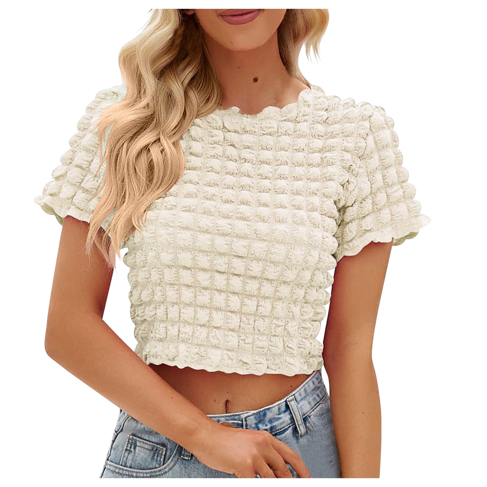 XFLWAM Women's Summer Crop Top Crew Neck Short Sleeve Slim Seersucker ...