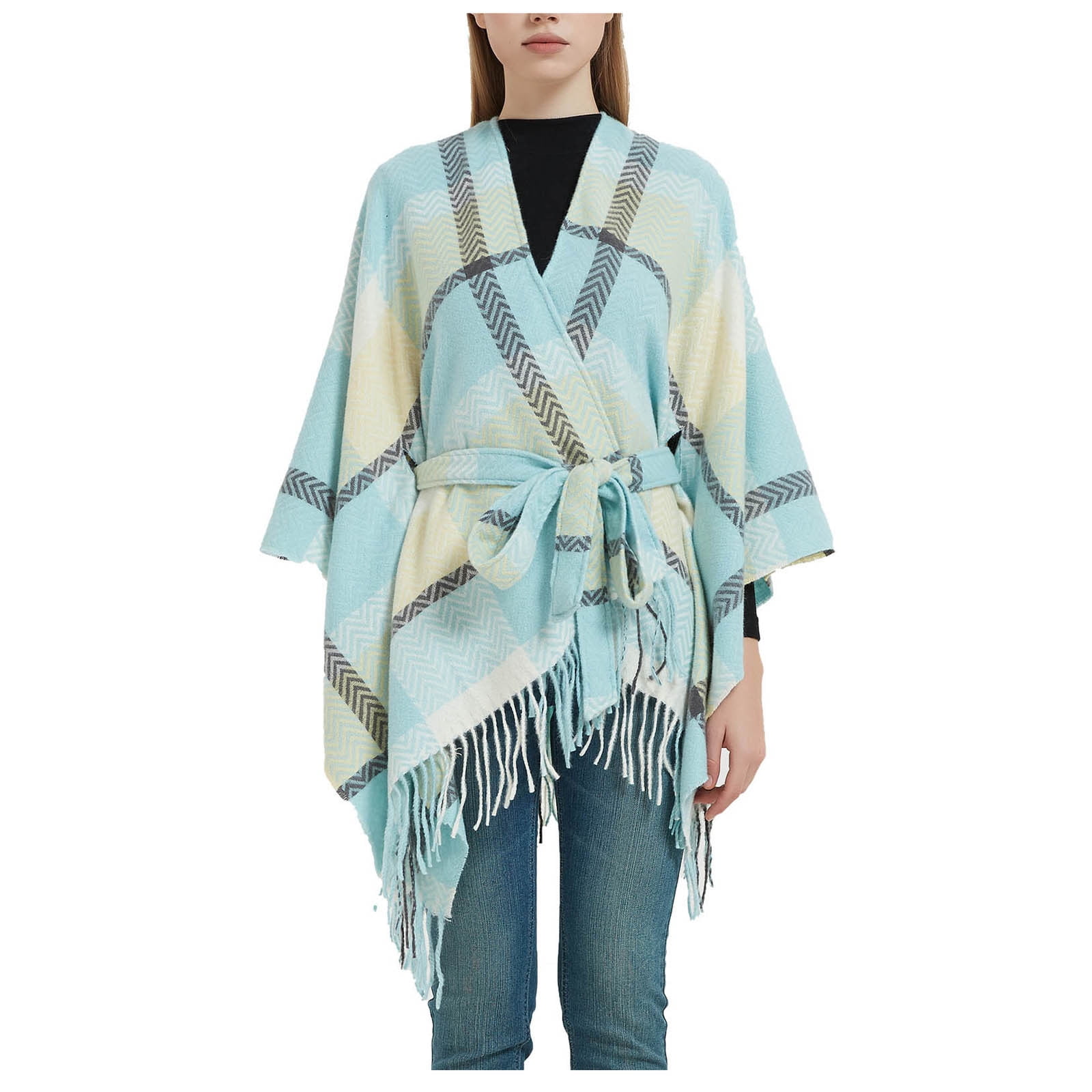 XFLWAM Women's Sweater Poncho Coat Shawl Wrap Poncho Cape Belt Gradient ...
