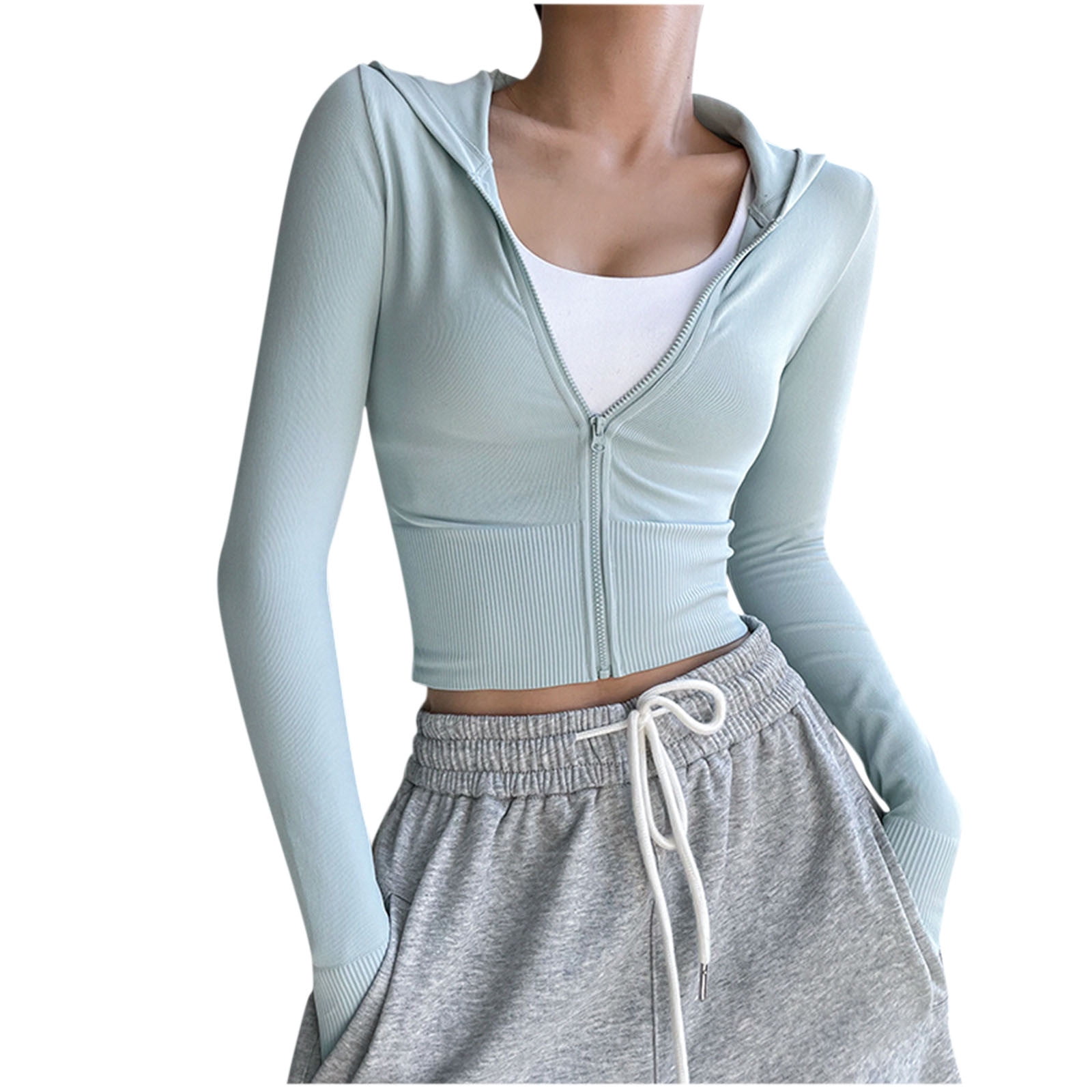 XFLWAM Women's Yoga Running Cropped Jacket Long Sleeve Full Zip Crop ...