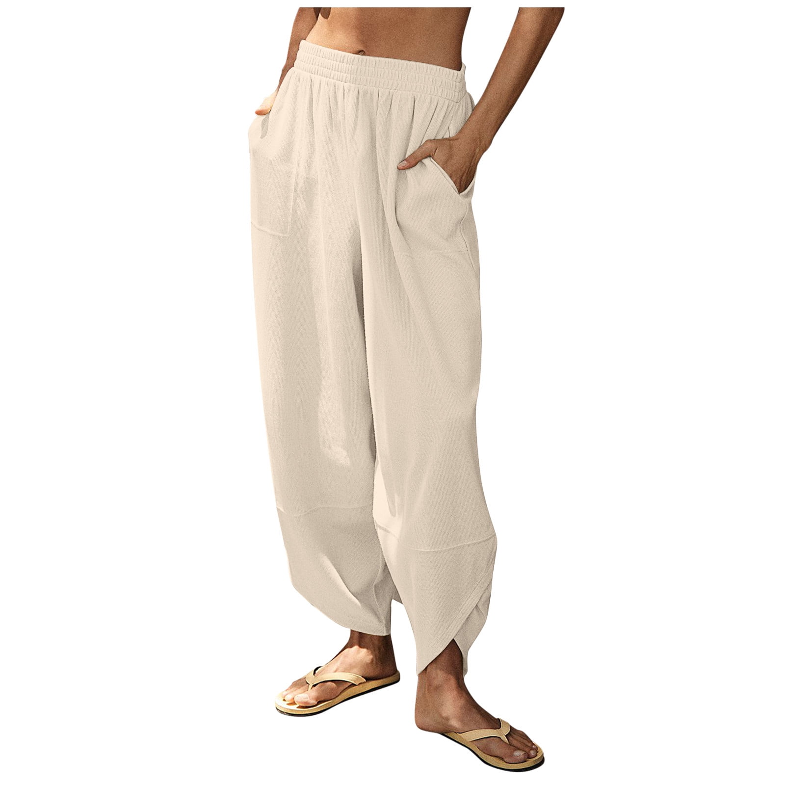 Xflwam Womens Baggy Wide Leg Pants Casual Elastic Waisted Palazzo Harem