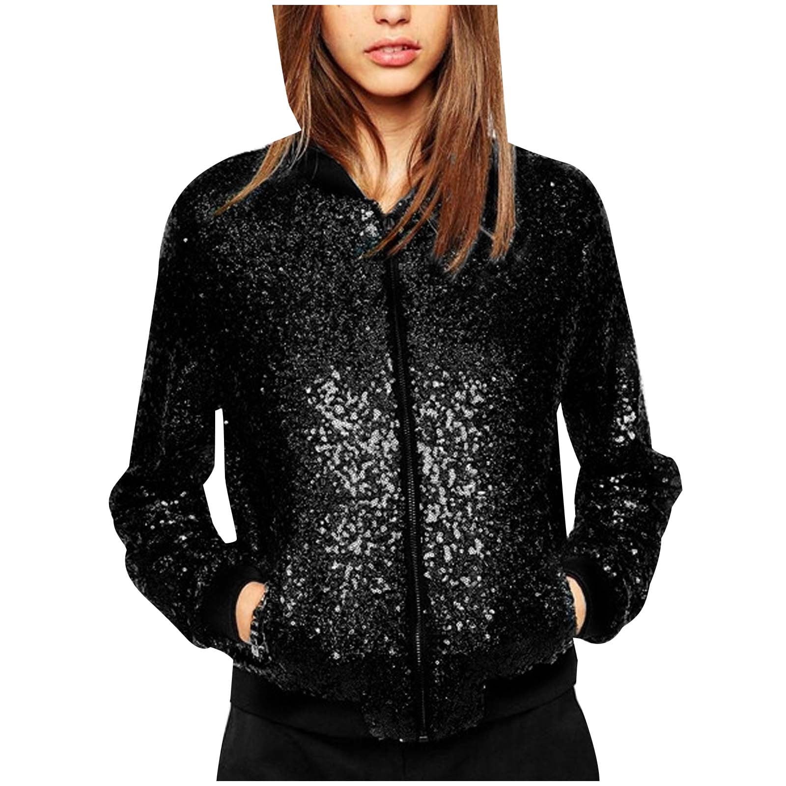 XFLWAM Womens Bomber Jacket Sparkly Sequin Fitted Zip up Front Blazer ...