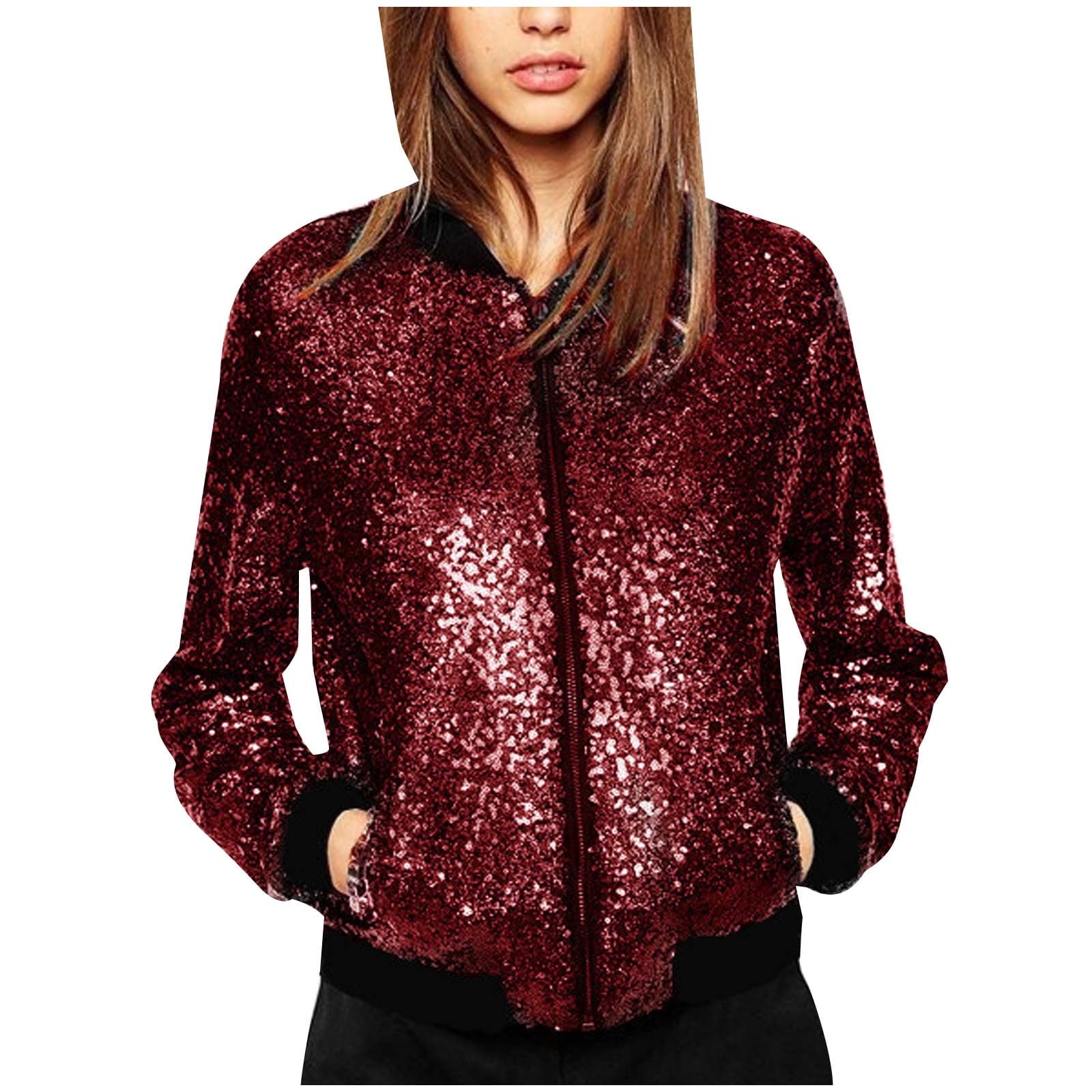 XFLWAM Womens Bomber Jacket Sparkly Sequin Fitted Zip up Front Blazer ...