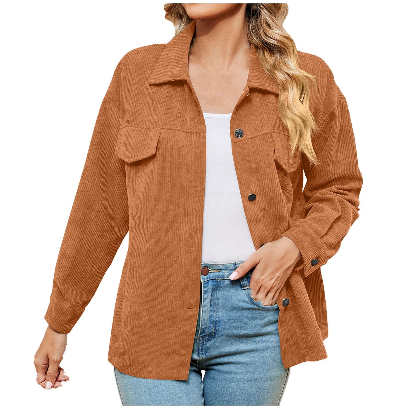 XFLWAM Womens Corduroy Shirts Jacket Casual Snap Button Oversized Long ...