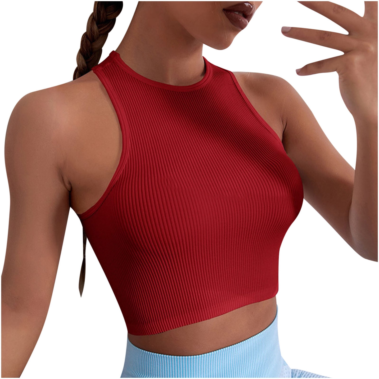 XFLWAM Womens Crew Neck Crop Tops Basic Sleeveless Tank Top Solid Rib ...