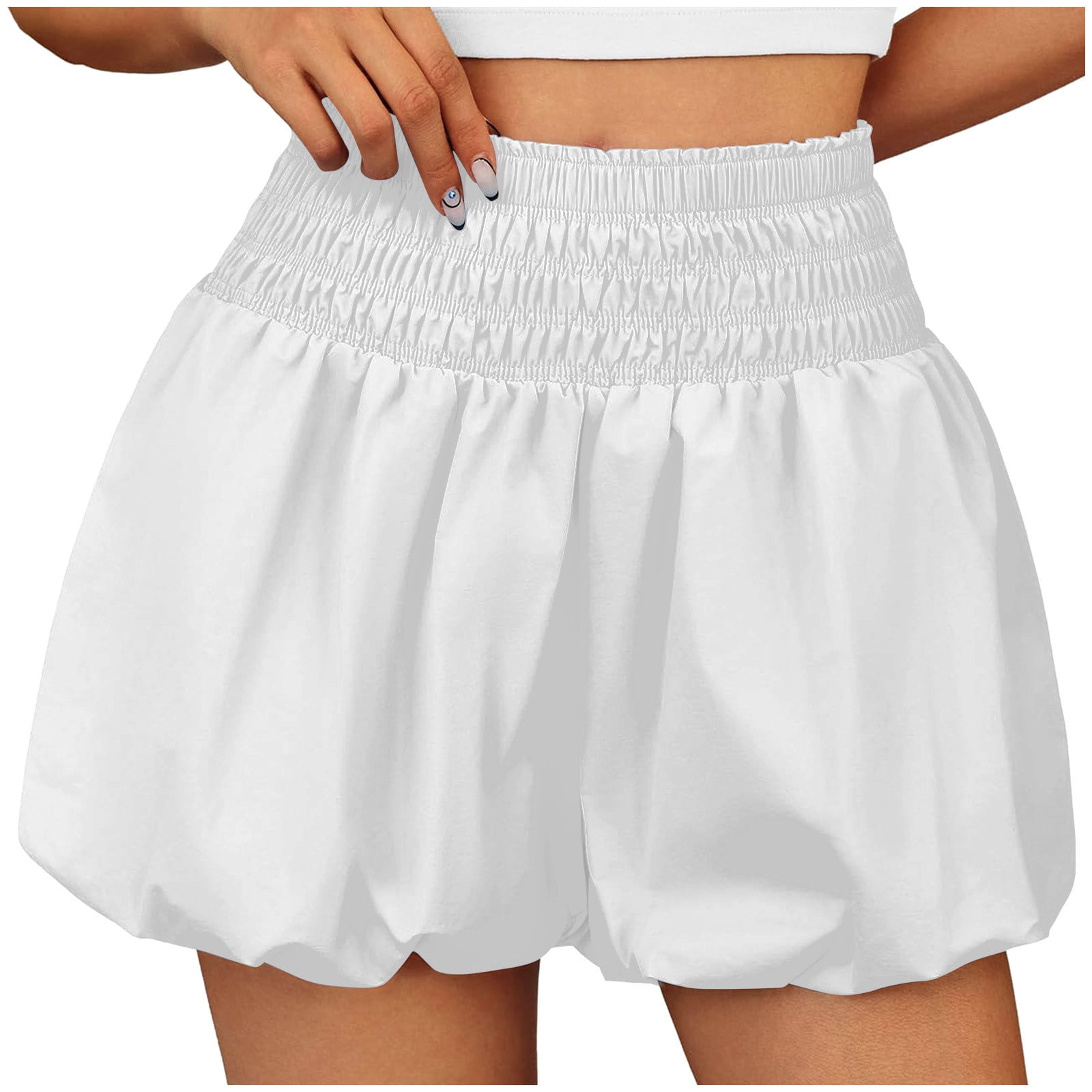 XFLWAM Womens High Waisted Bubble Shorts Smocked Elastic Going Out Cute ...