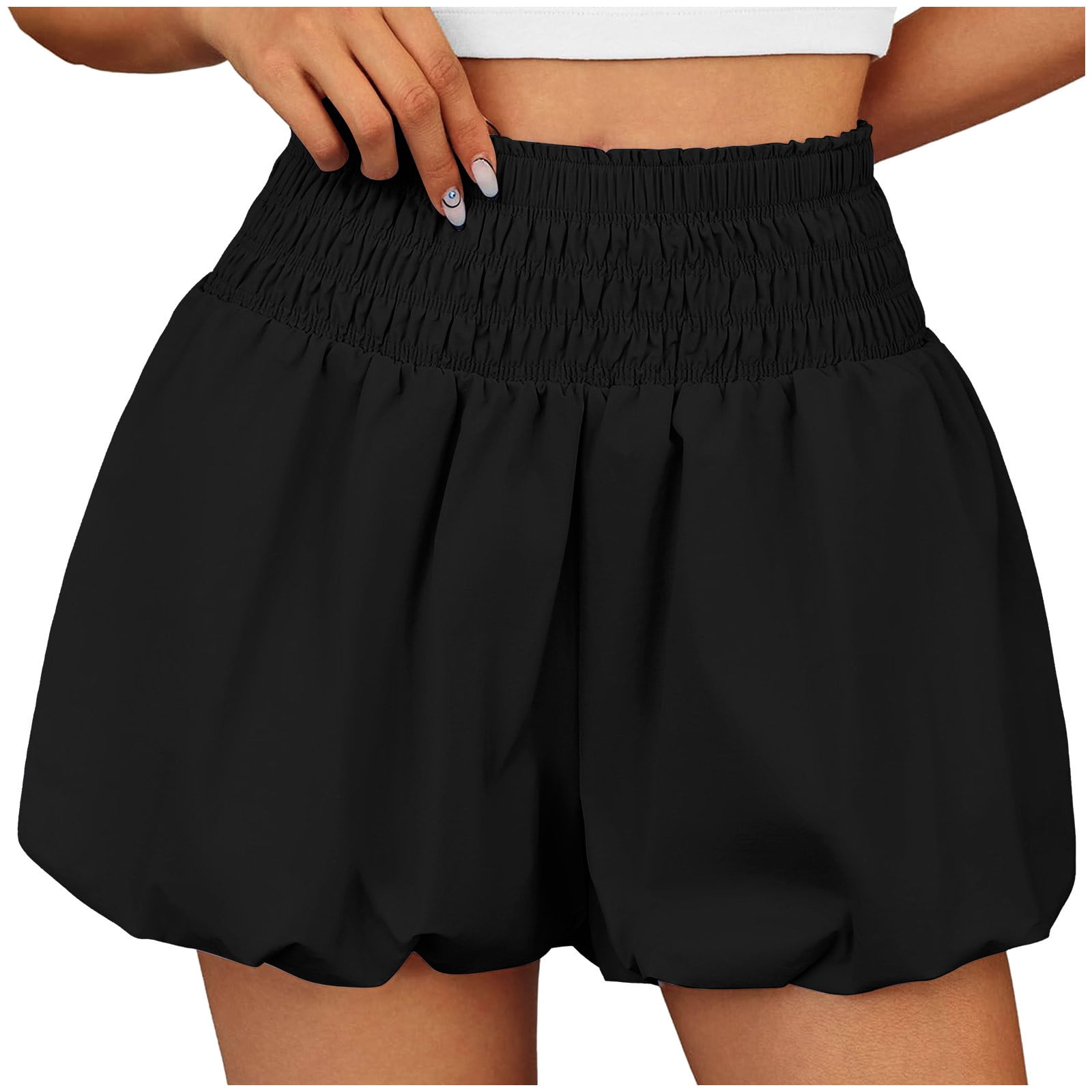 XFLWAM Womens High Waisted Bubble Shorts Smocked Elastic Going Out Cute ...