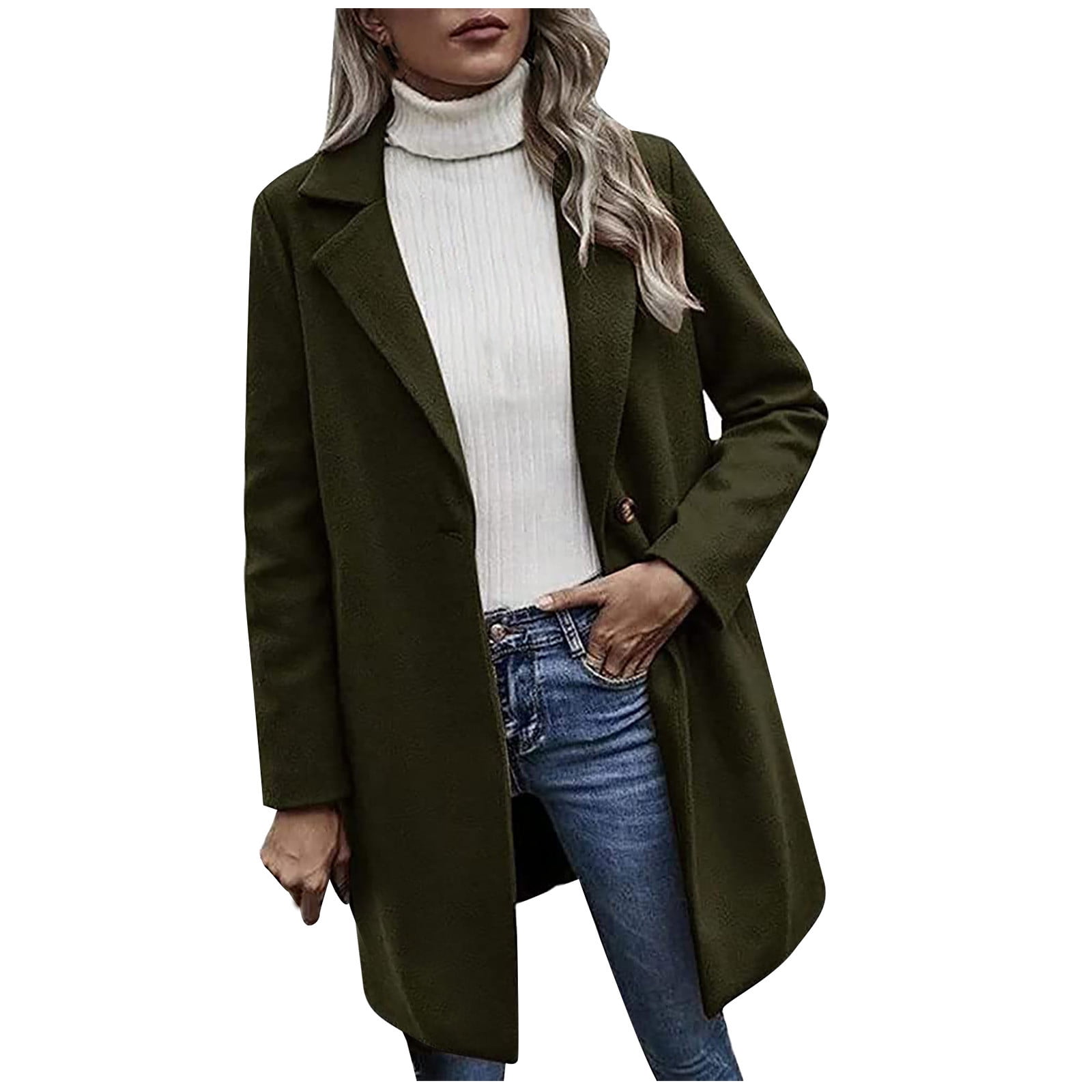 XFLWAM Womens Lapel Collar Double Breasted Pea Coat Winter Wool Blend ...