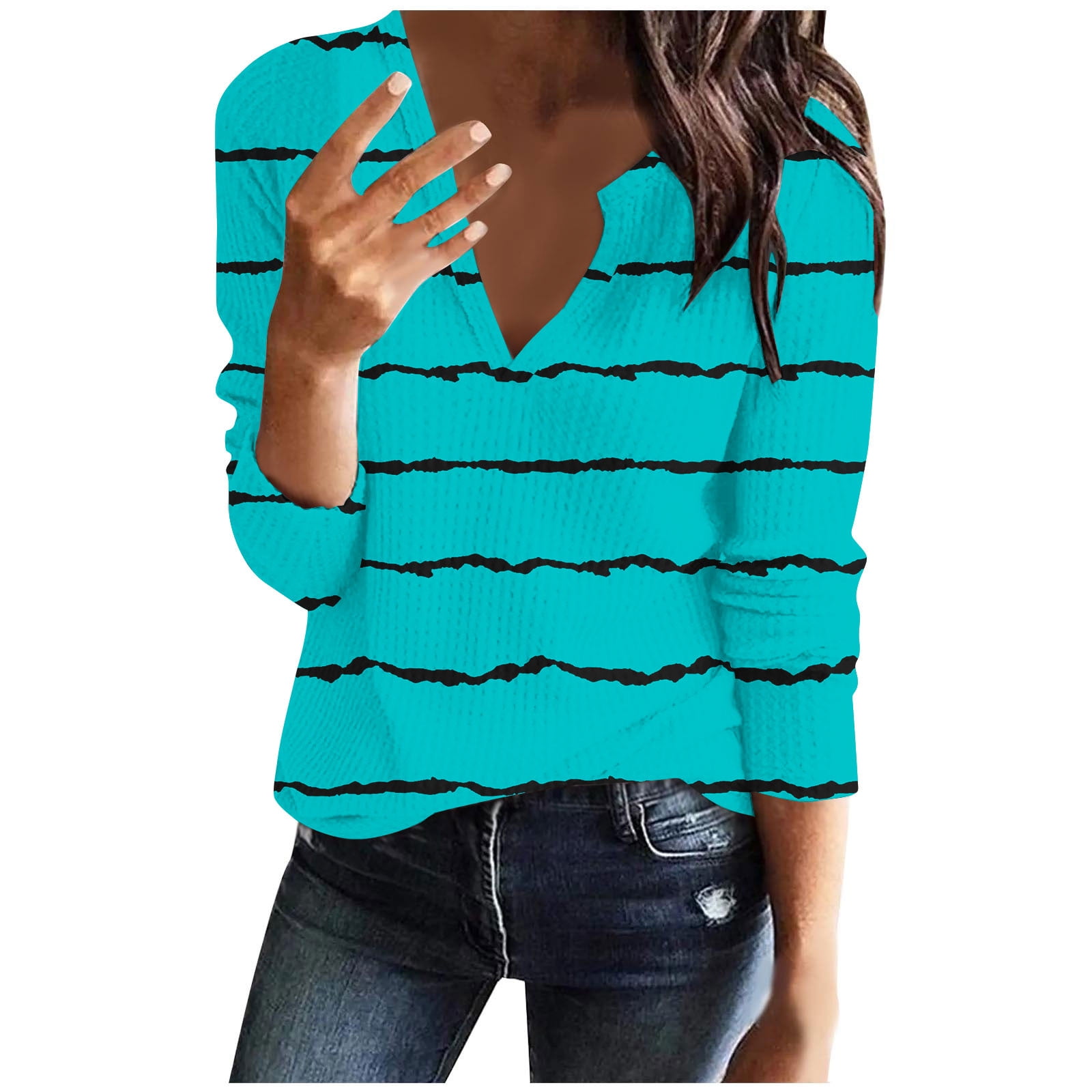 XFLWAM Womens Long Sleeve T Shirt V Neck Loose Fit Soft Waffle Knit ...