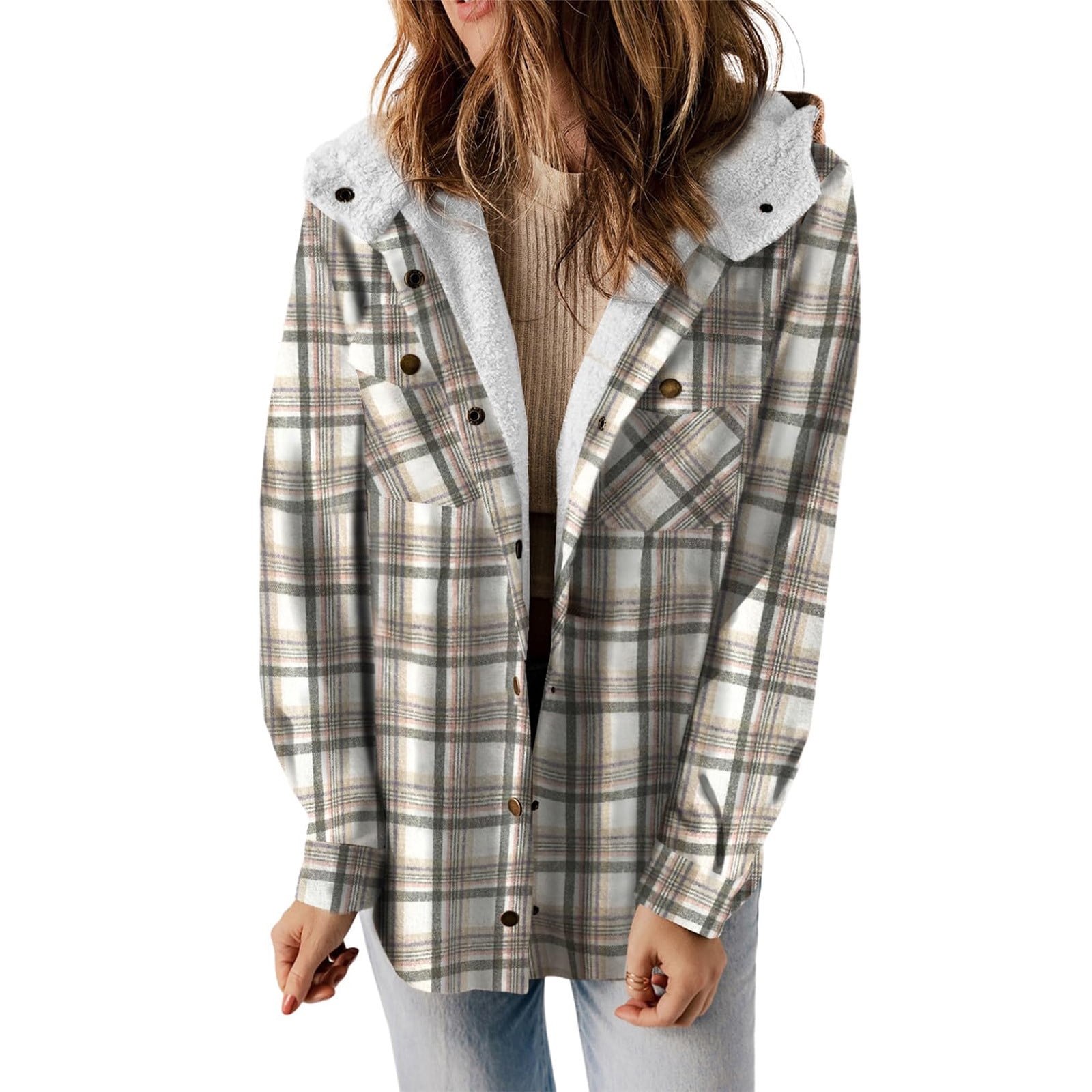 XFLWAM Womens Plaid Shacket Jacket Sherpa Lined Flannel Jackets ...