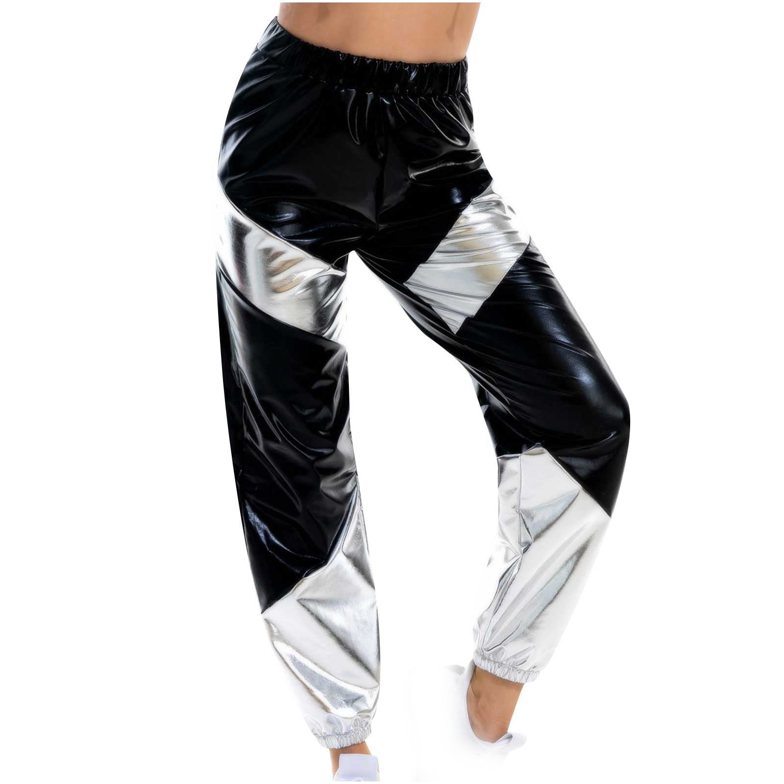 XFLWAM Womens Shiny Metallic High Waist Stretchy Jogger Pants ...