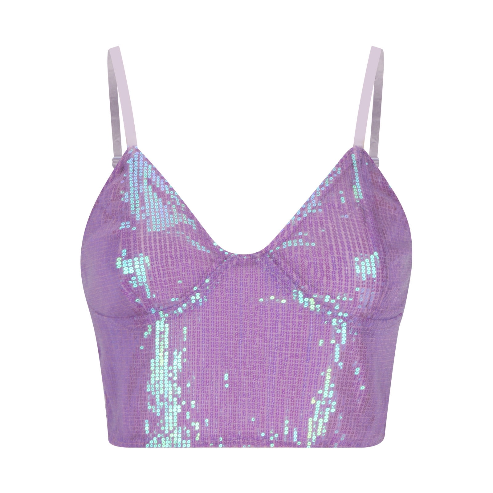 XFLWAM Womens Sparkly Sequin Top Spaghetti Strap Crop Top Glitter ...